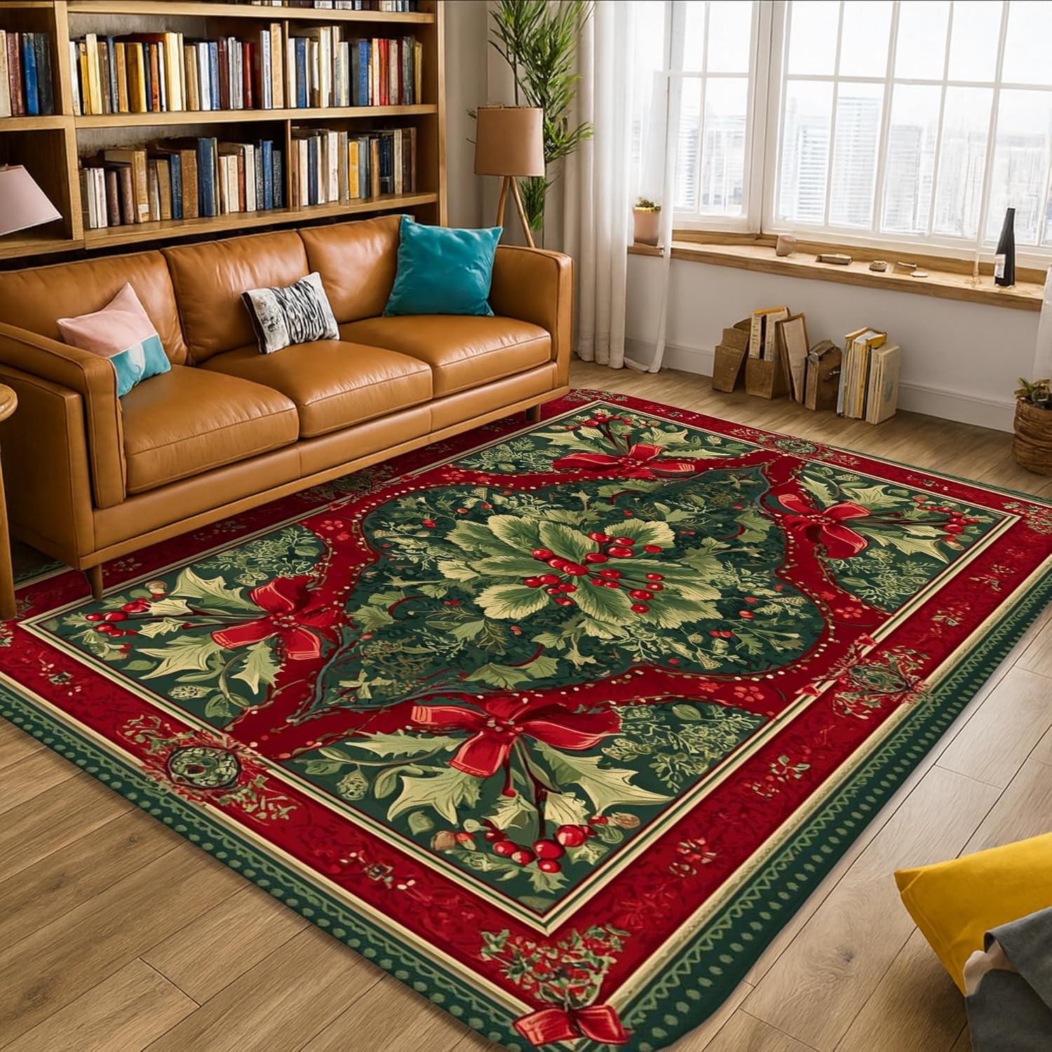 Amazon.com: Holly Area Rug, Christmas Traditional Bows Berries ...