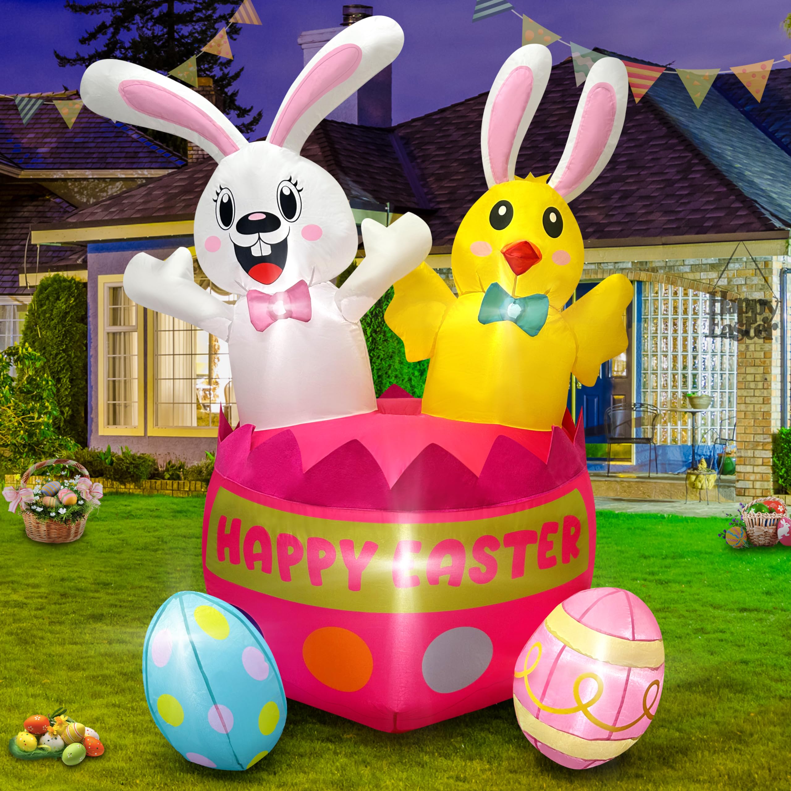 Amazon.com: 5 FT Easter Inflatables Colored Eggs, Rabbits and Chicks ...