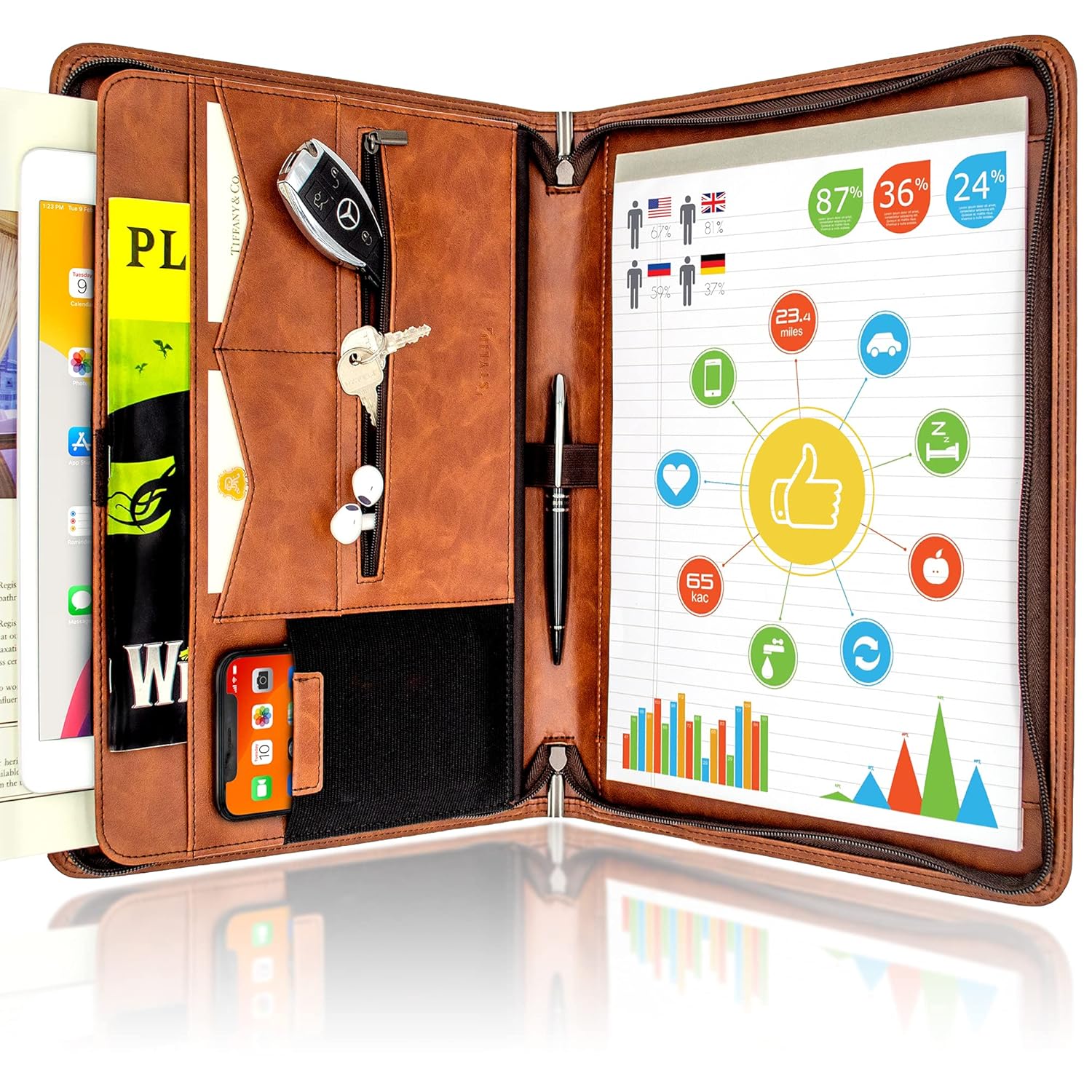 STYLIO Zippered Brown Padfolio Portfolio Binder, Interview Resume ...