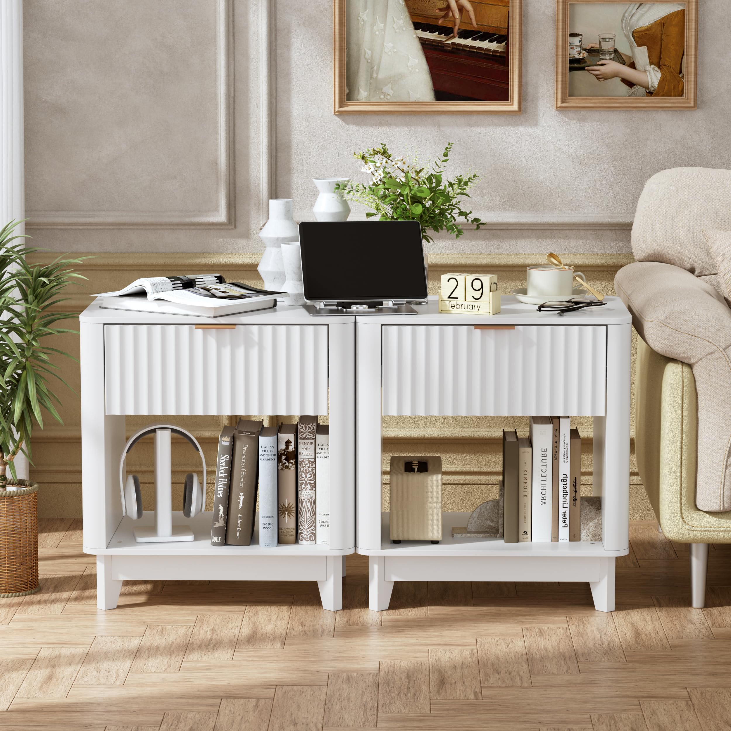 Amazon.com: SDMY Fluted Nightstands with Drawer Storage Set of 2, Bed ...