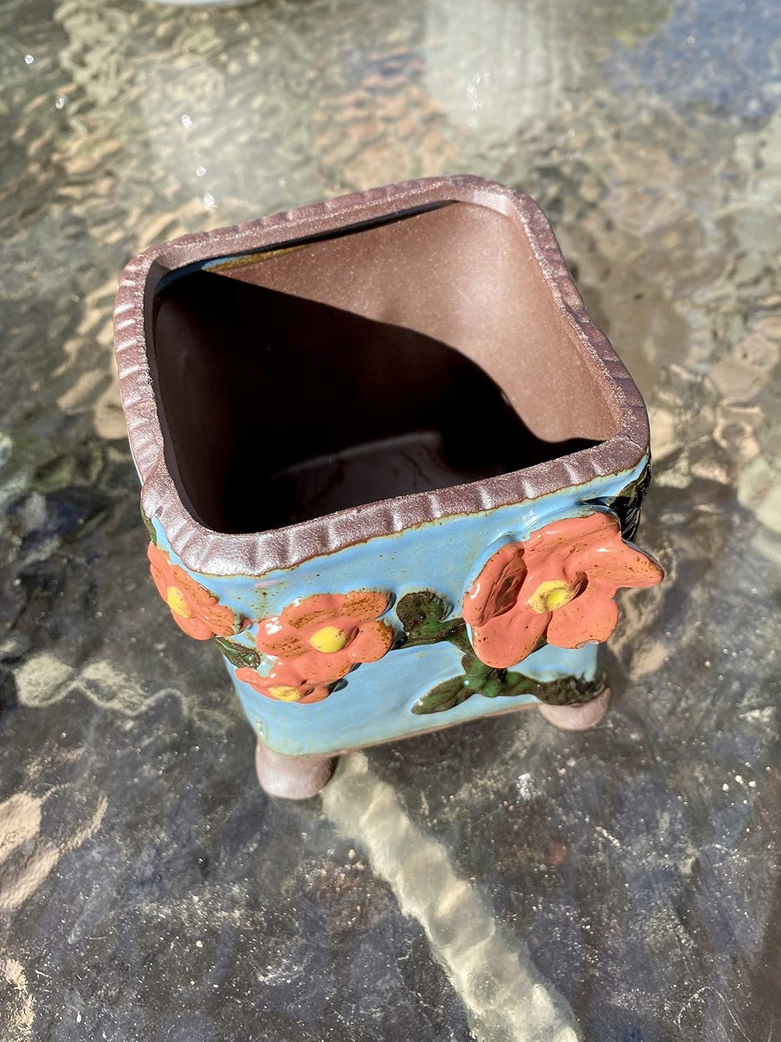 Handmade Embossed Ceramic Pot, 4 inch x 4 inch square, blue and orange ...