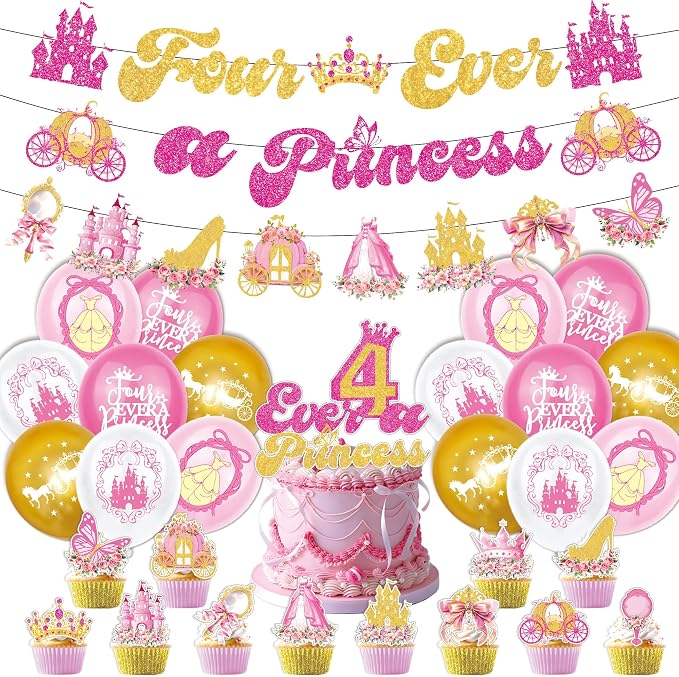 Amazon.com: Four Ever a Princess Birthday Decorations for Girl- Pink ...