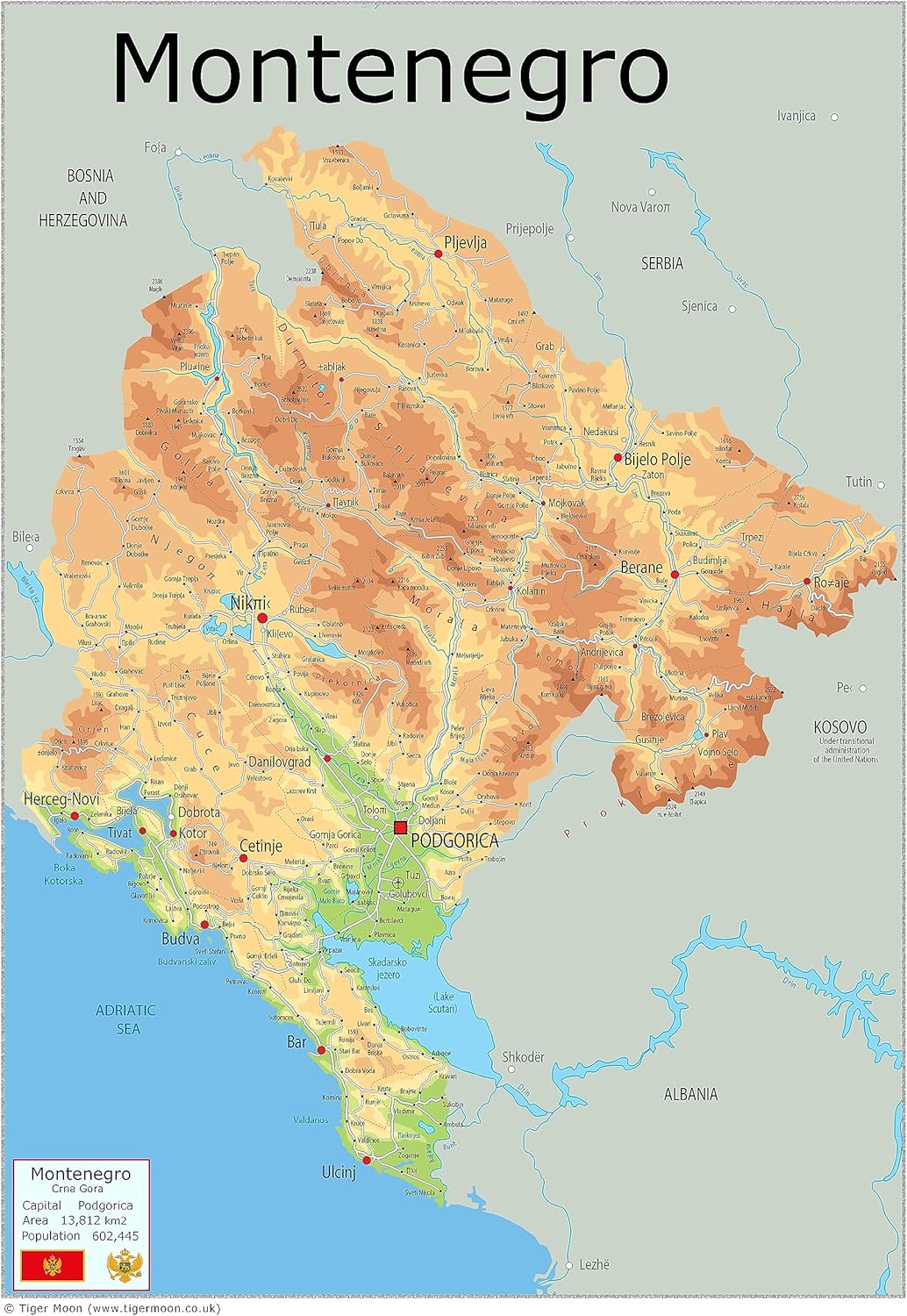 Physical Map of Montenegro - The Oxford Collection - Size A2 - Paper ...