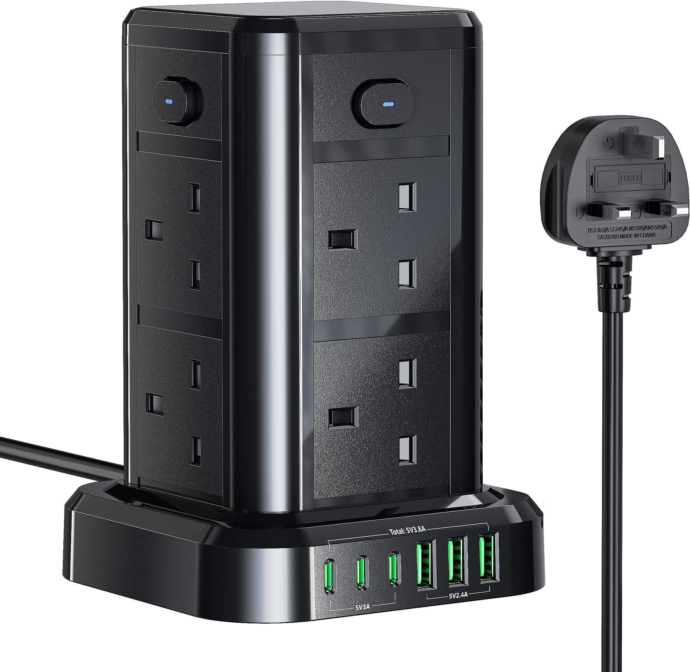 Tower Extension Lead with USB C Slots, 8 Way Multi Plug Extension Tower ...