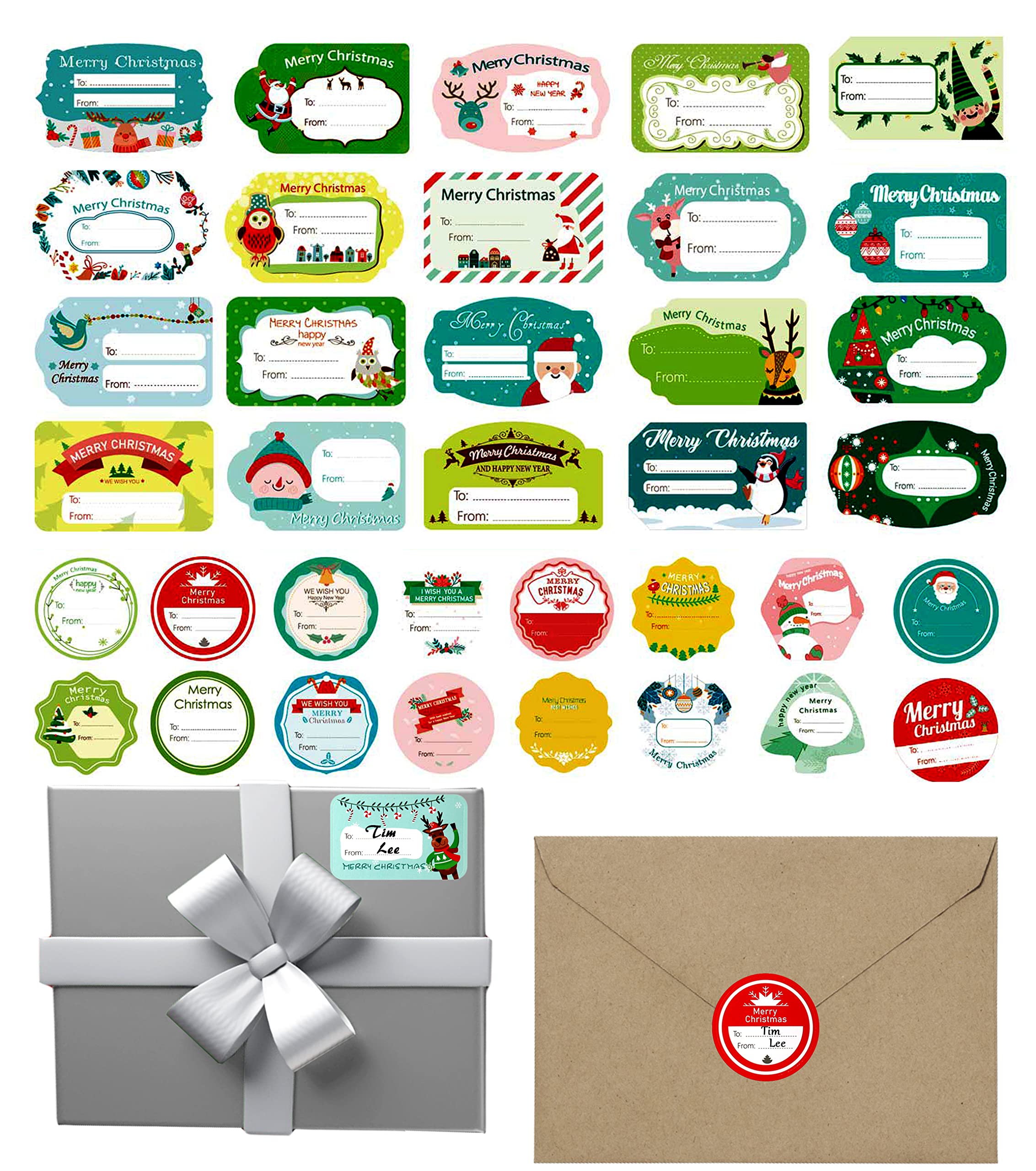 Buy Self Adhesive Christmas Gift Tags Santa Snowmen Deer Christmas Name ...