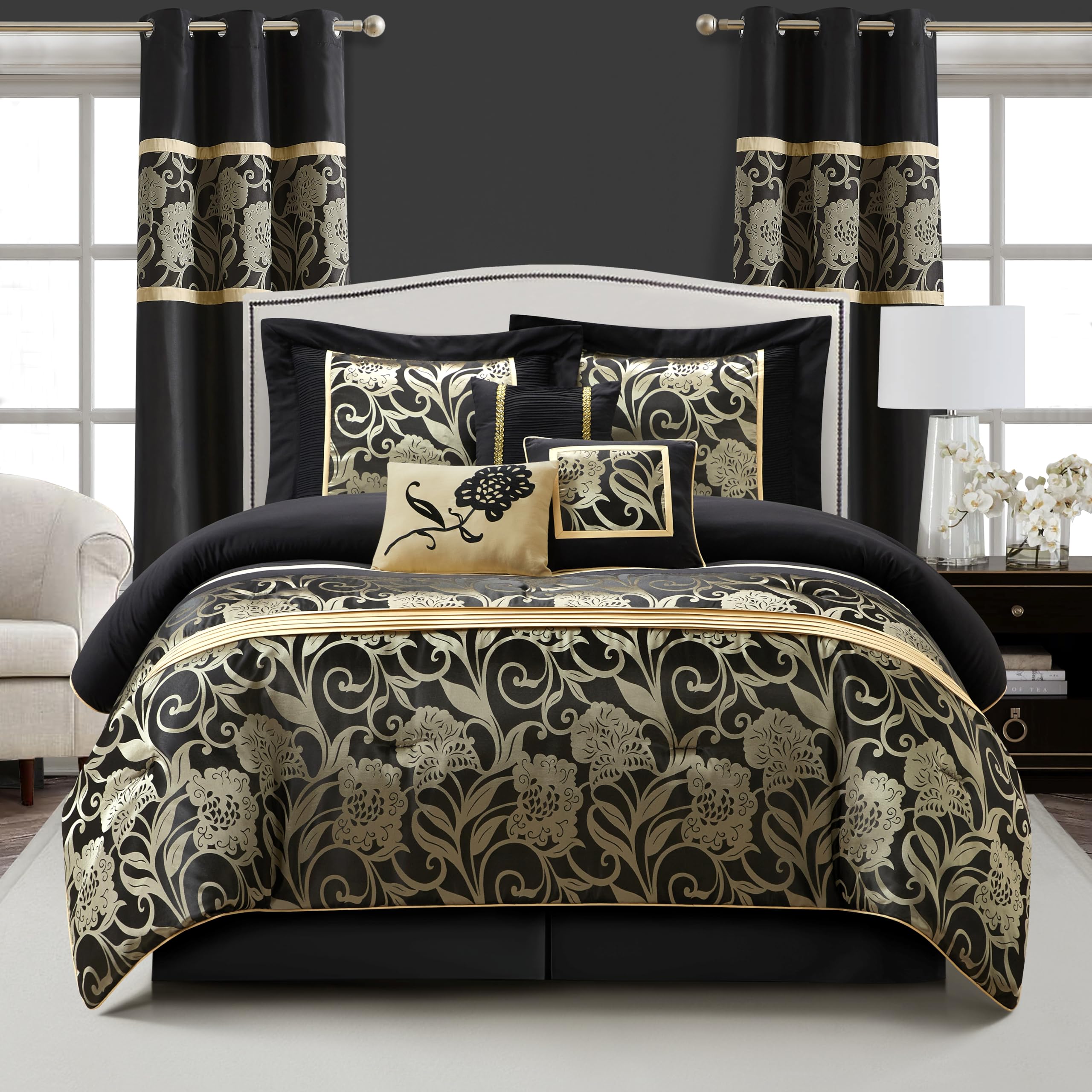 Amazon.com: Stratford Park Black and Gold Comforter Set Queen Size, 9 ...