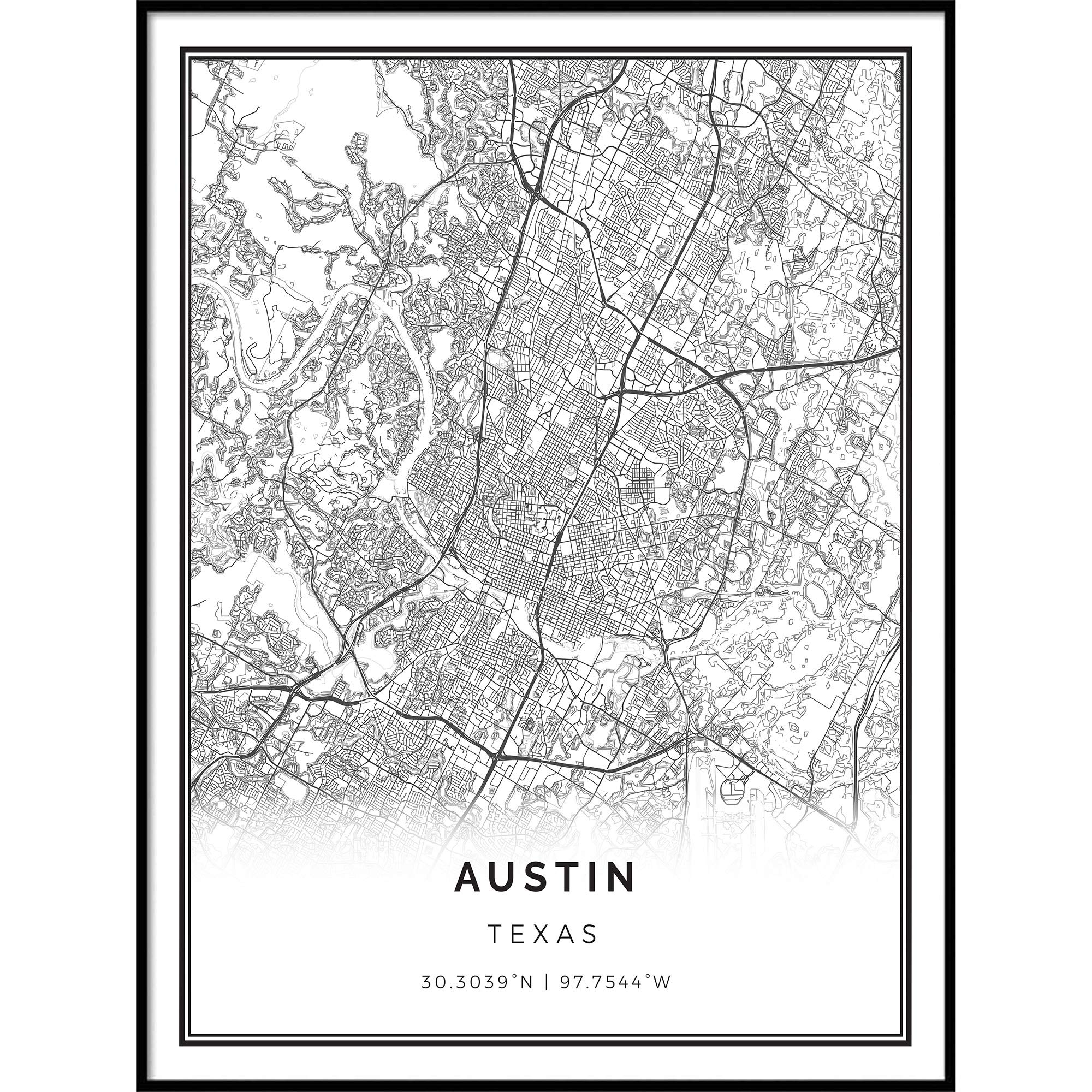 Amazon.com: Squareious Austin map Poster Print | Modern Black and White ...