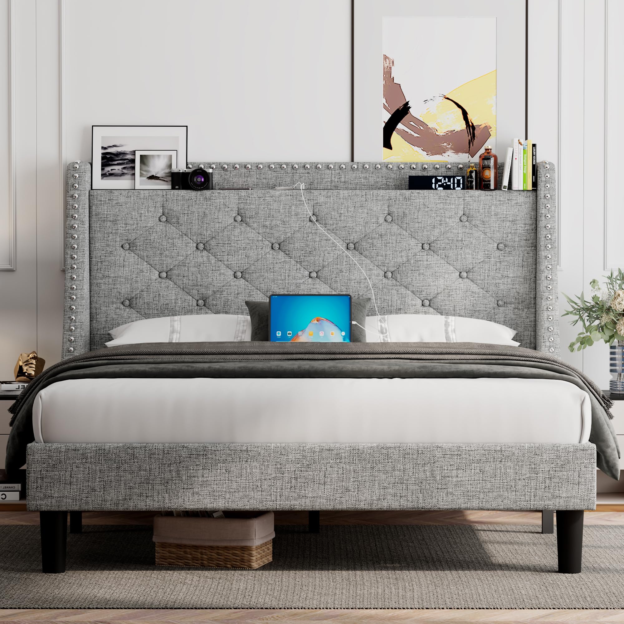 Buy iPormis Queen Bed Frame with 16" Deluxe Wingback & USB & Type-C ...