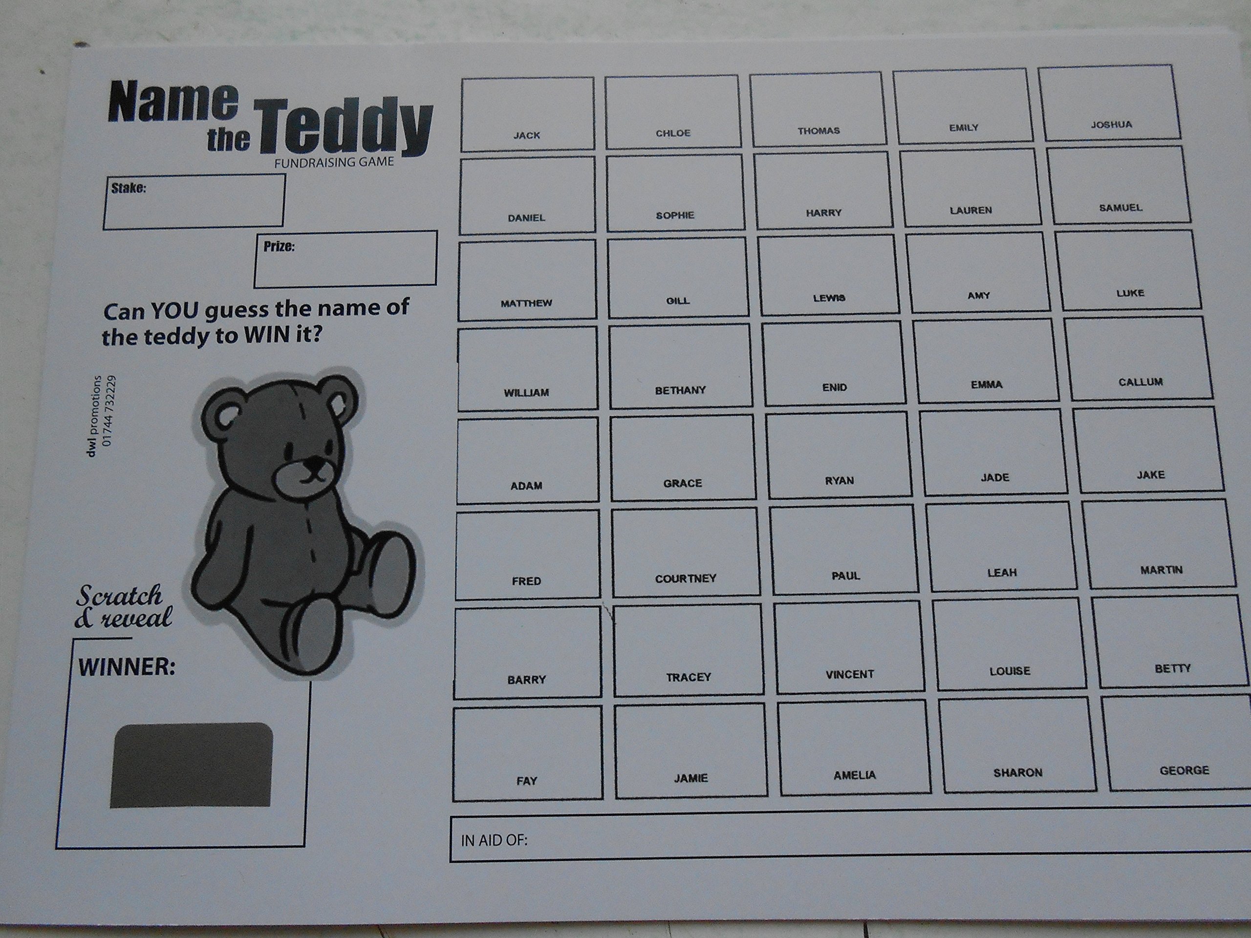 SET OF 5 SCRATCH CARDS- 40 spaces (B&W) - TEDDY NAME THEMED - EASY WAY ...