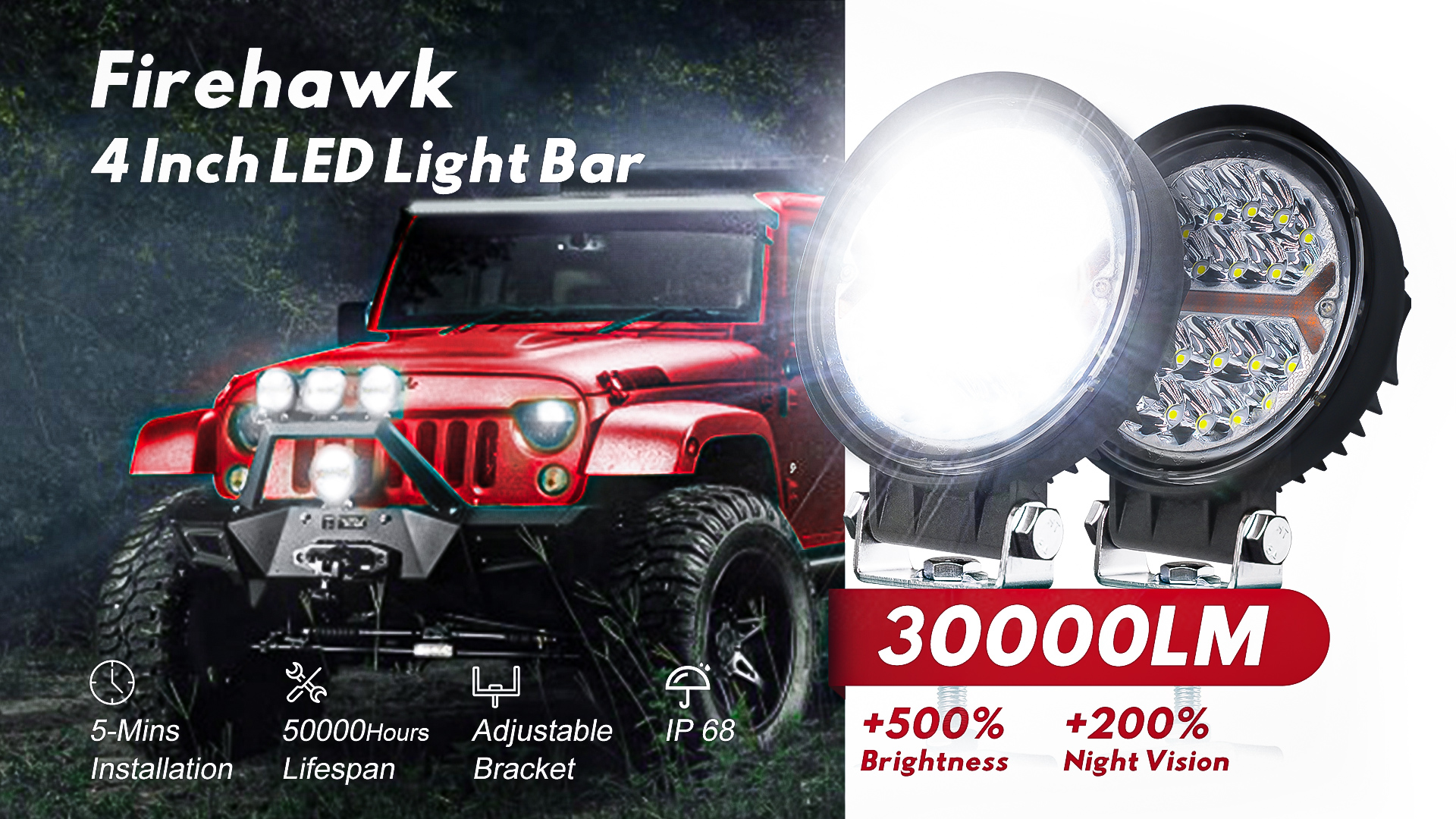 Watch Firehawk LED Light Pods Bar 4 Inch Round on Amazon Live