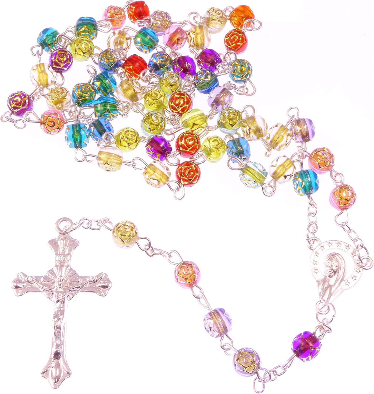 R. Heaven Christian long rainbow flower multi-coloured rosary beads ...