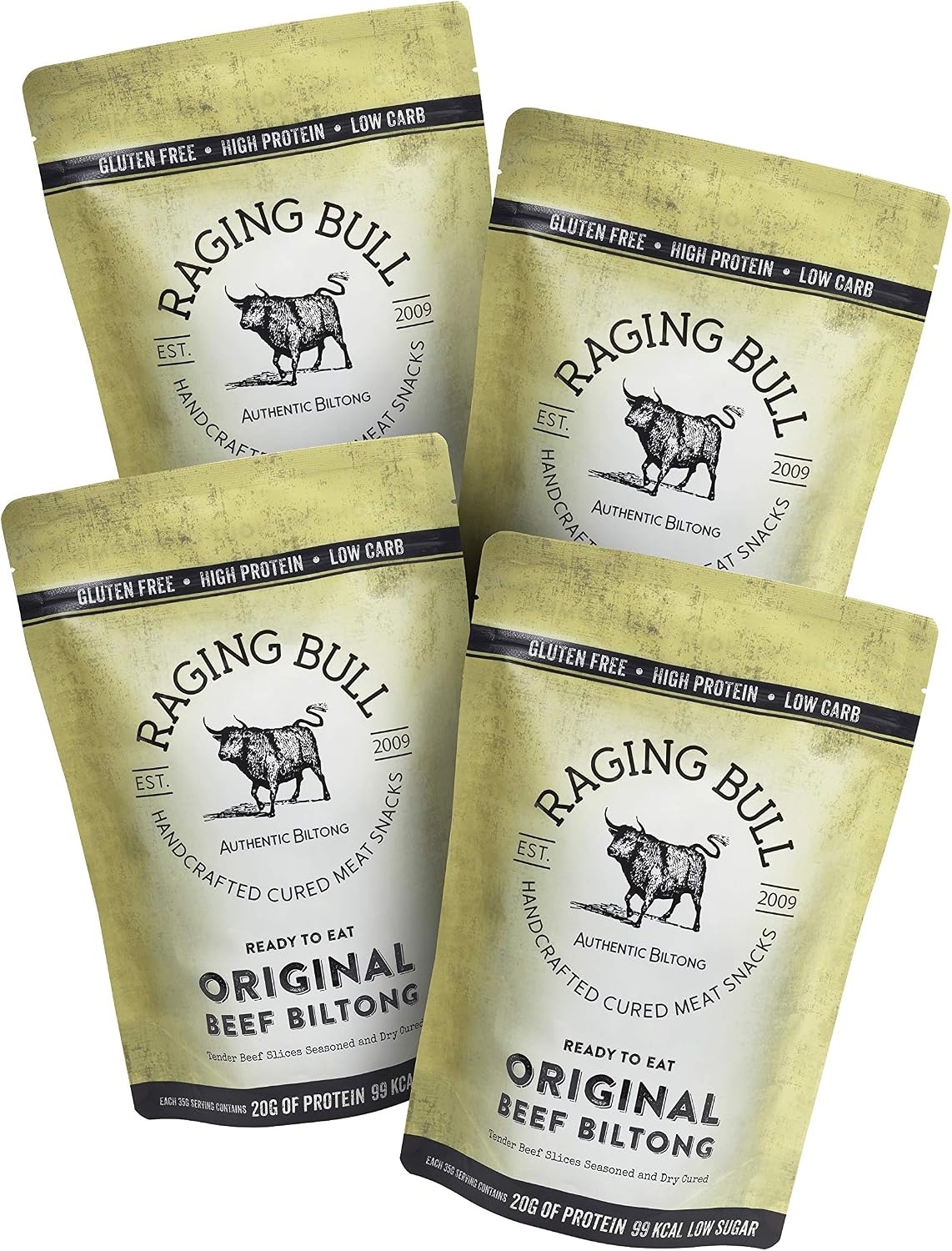 Raging Bull 1kg Original Beef Biltong - 4 x 250g Pack - High Protein ...