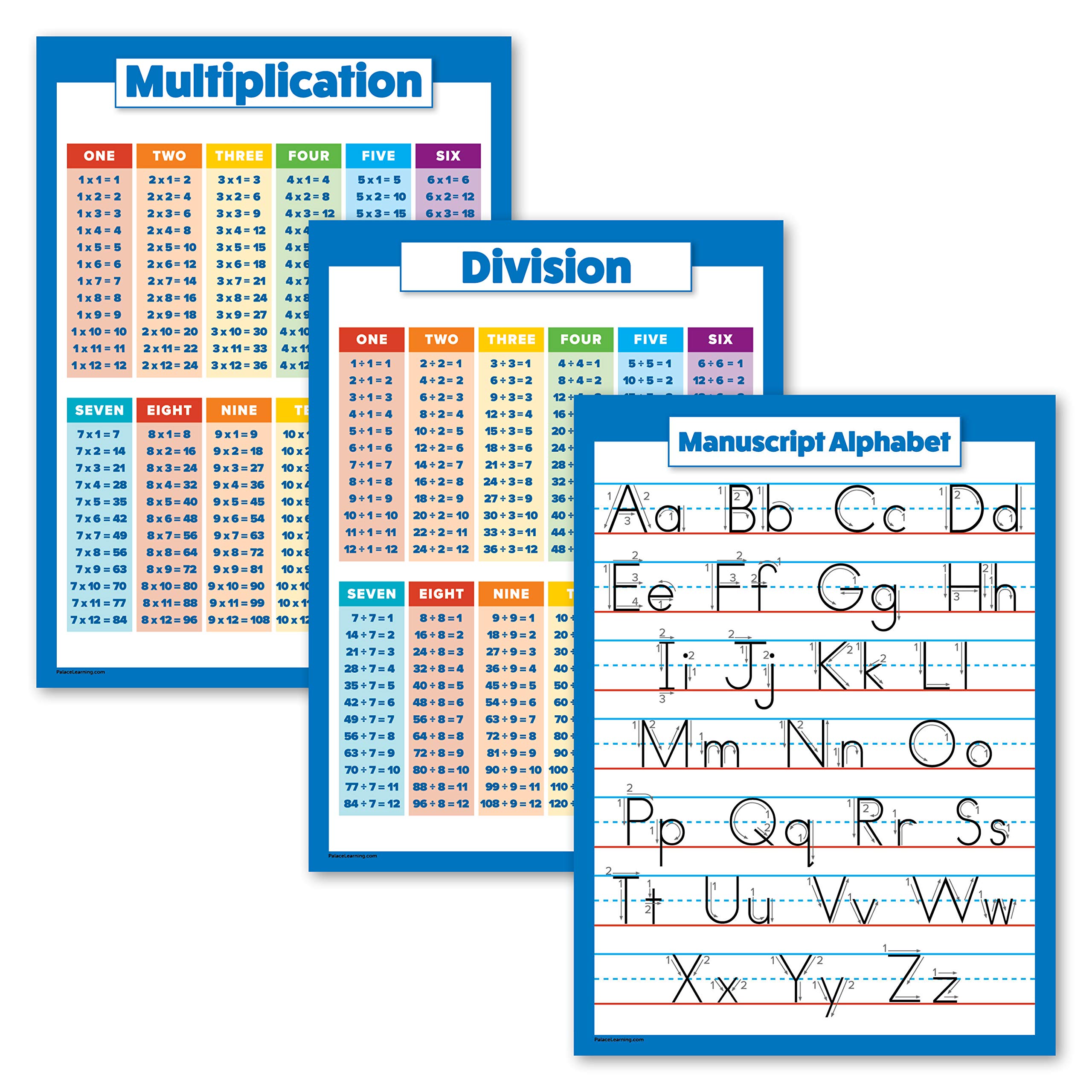 Buy 3 Pack - Multiplication Tables + Division + Manuscript ABC Alphabet ...