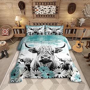 Amazon.com: Erosebridal Highland Cow Print Comforter Set Queen,Teal Western Farmhouse Bedding ...