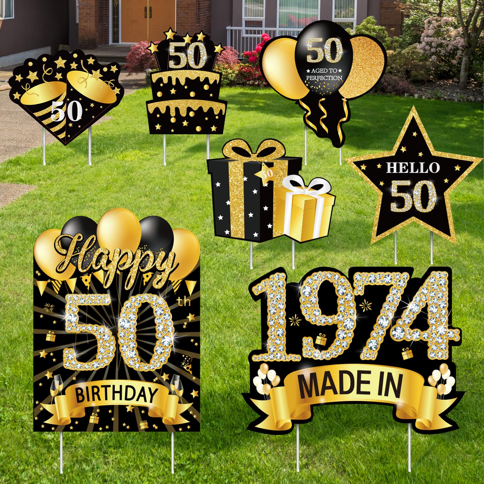 Snapklik.com : 7Pcs Black Gold 50th Birthday Yard Sign Decorations For ...