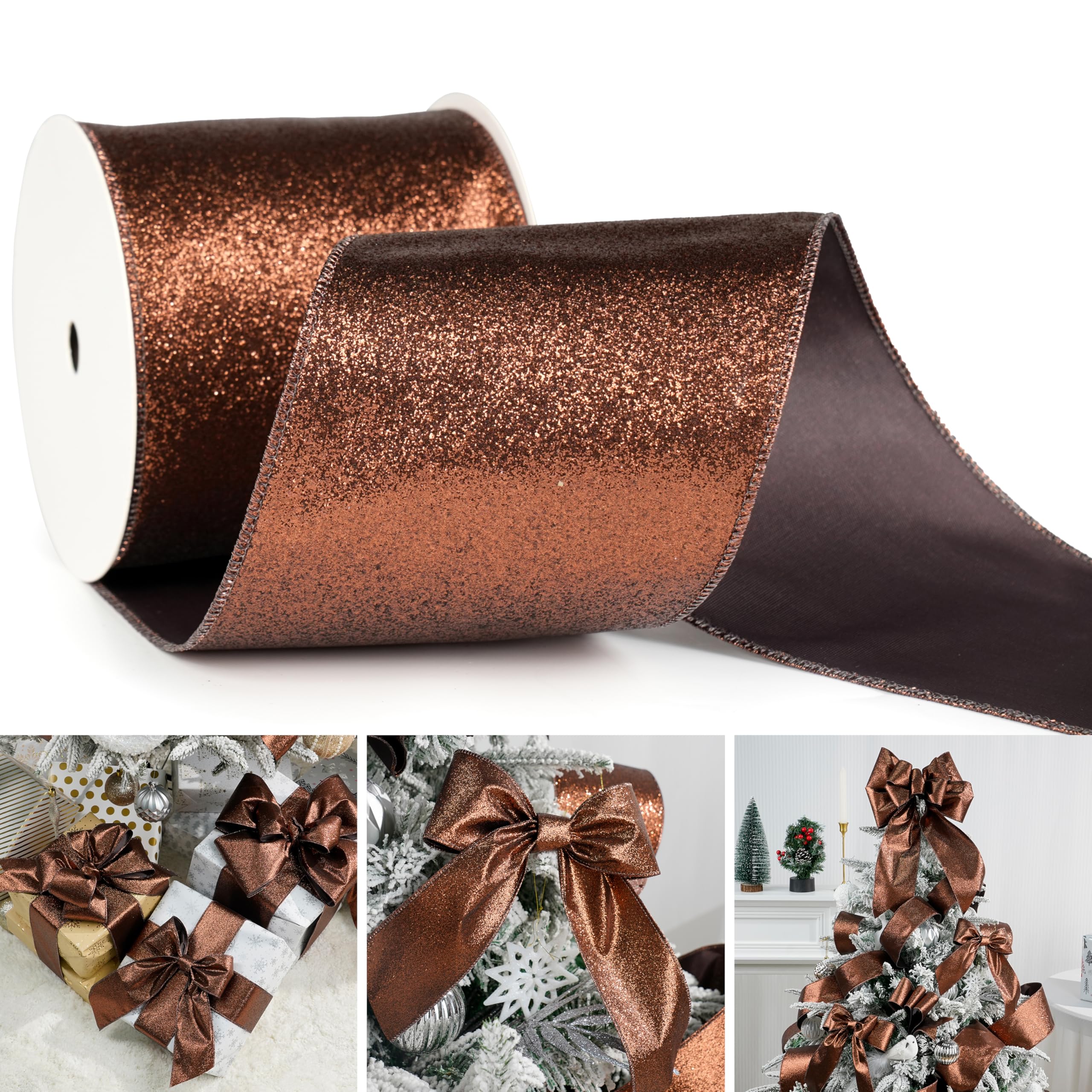 Amazon.com: DINDOSAL Brown Glitter Wired Ribbon 4" x 10 Yards Sparkling ...