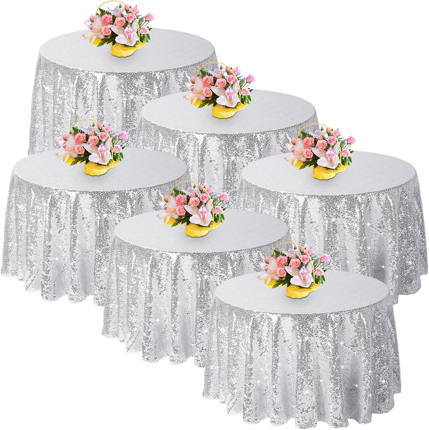 Amazon.com: Newwiee 6 Pack 60 Inch Round Silver Sequin Tablecloth ...