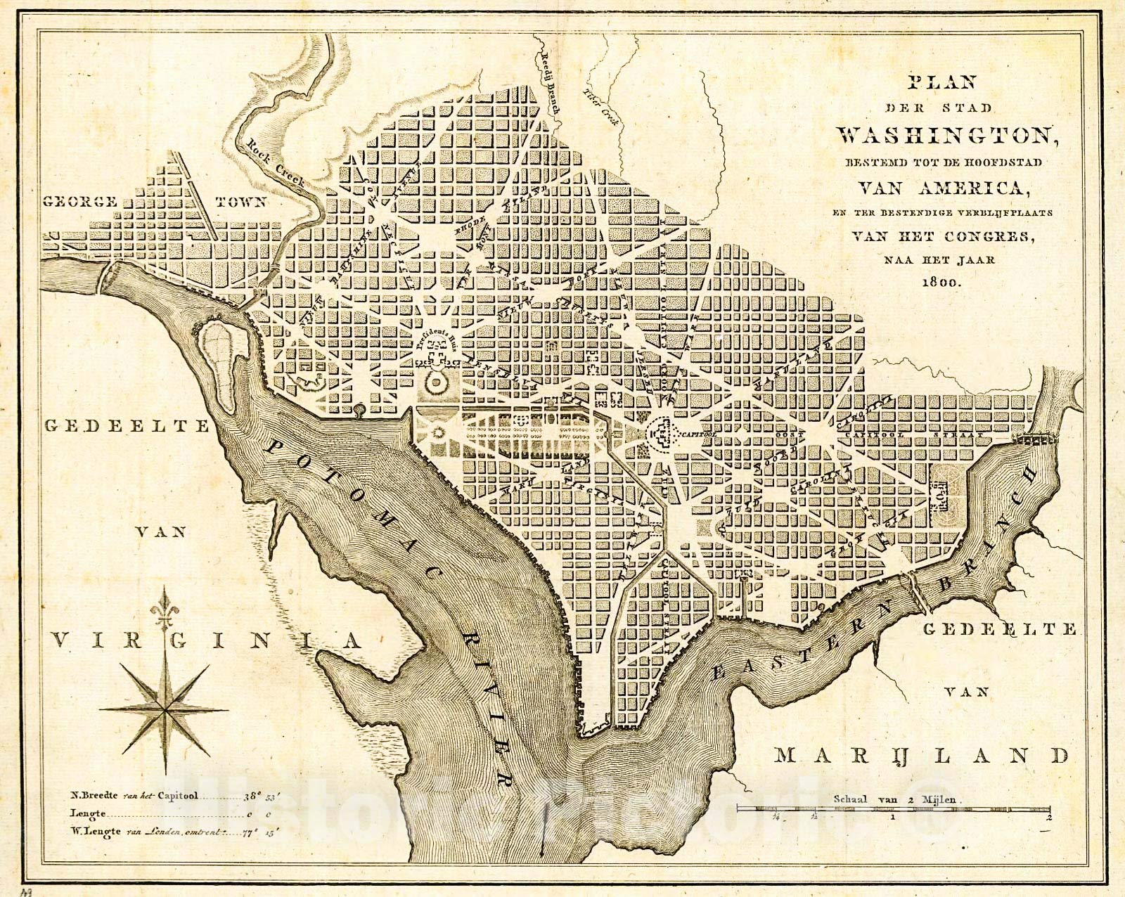 Historic 1793 Wall Map Plan Der Stad Washington Bestemd Tot ...