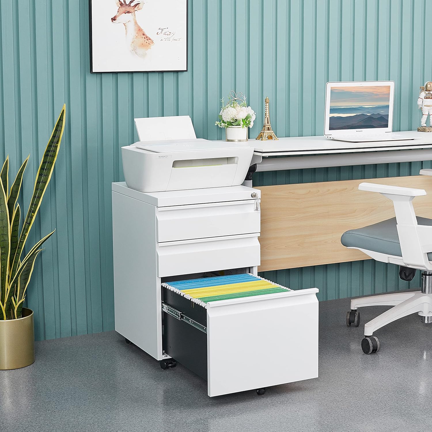 Avgvlij 3 Drawer Locking File Cabinet Rolling Pedestal Under Desk Office Metal White Filing
