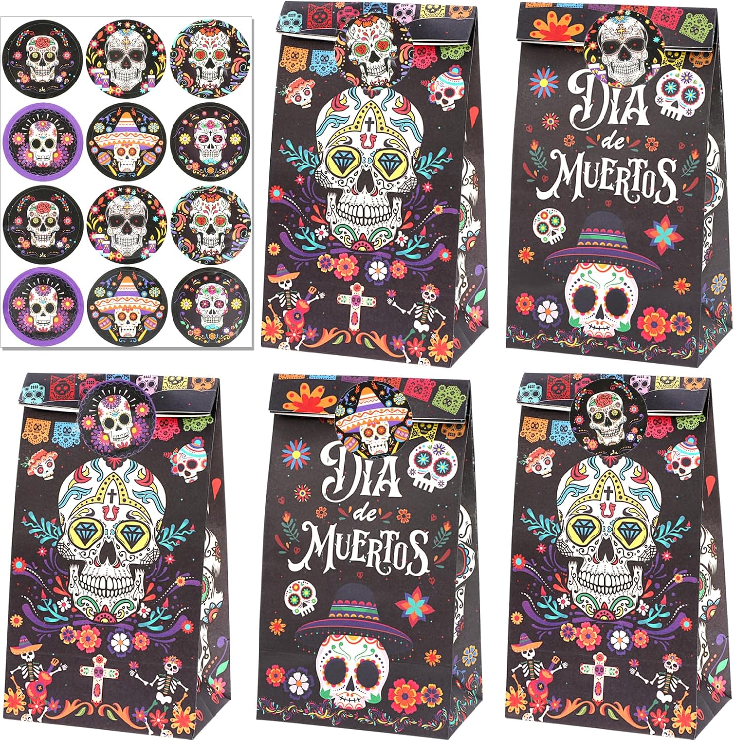 Amazon.com: HOWAF Dia De Los Muertos Gift Bags with Stickers, Day of ...