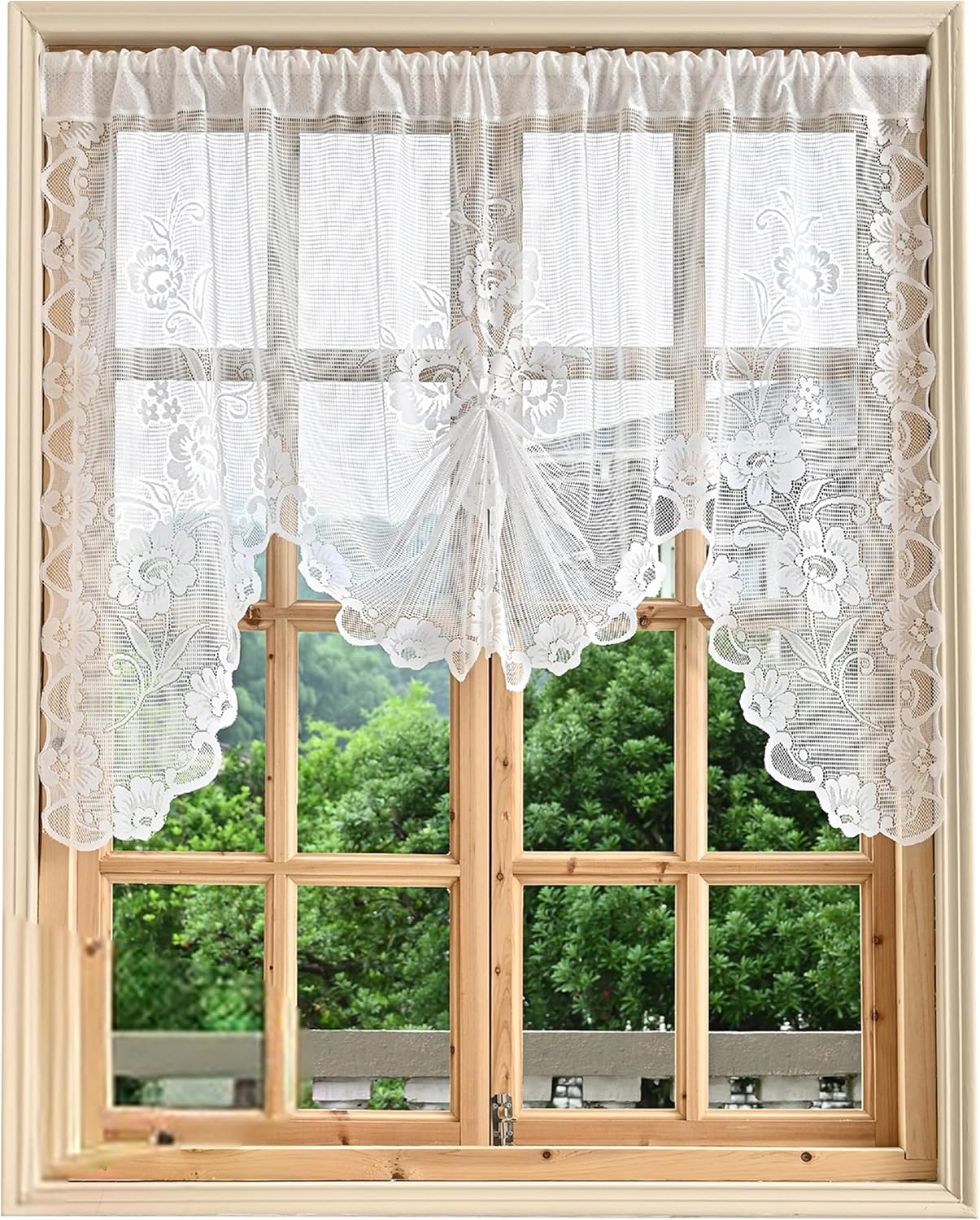 Amazon.com: Jayla White Semi-Sheer Floral Lace Curtain Swag for Kitchen ...