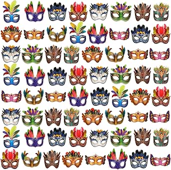 Amazon.com: Honoson 96 Pieces Mardi Gras Masks Bulk Masquerade Feathers ...
