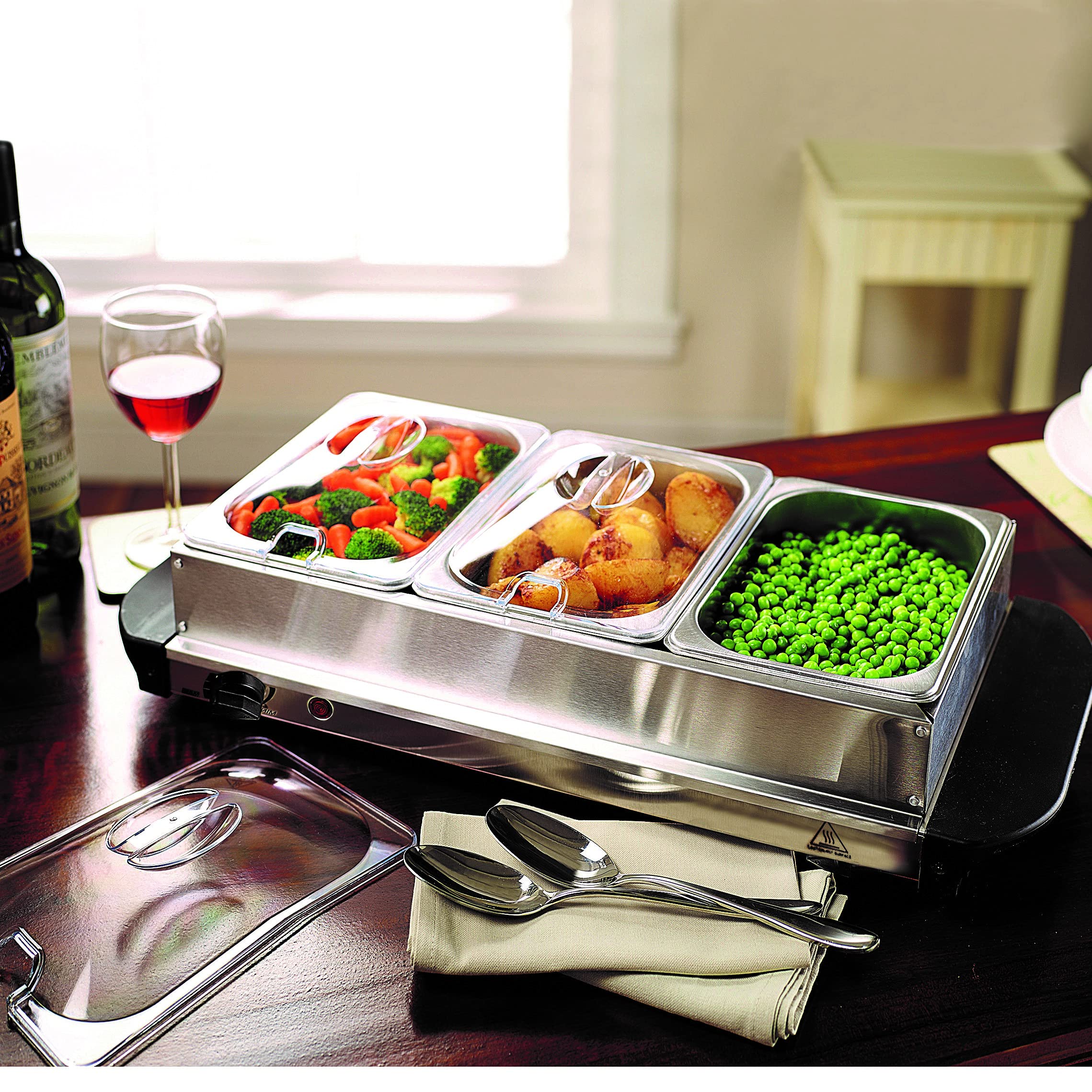 3 Section Buffet Warmer and Hot Plate with 3x 1.5L Trays with lids. 2 ...