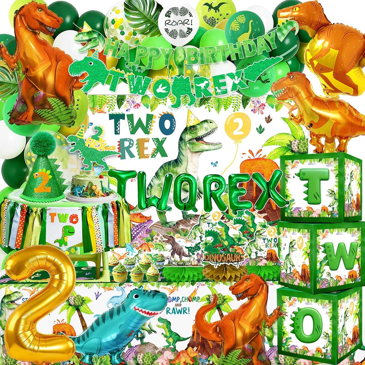 Amazon.com: Two Rex Dinosaur 2nd Birthday Decorations for Boys – Dino ...