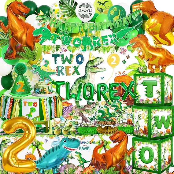 Amazon.com: Two Rex Dinosaur 2nd Birthday Decorations for Boys – Dino ...