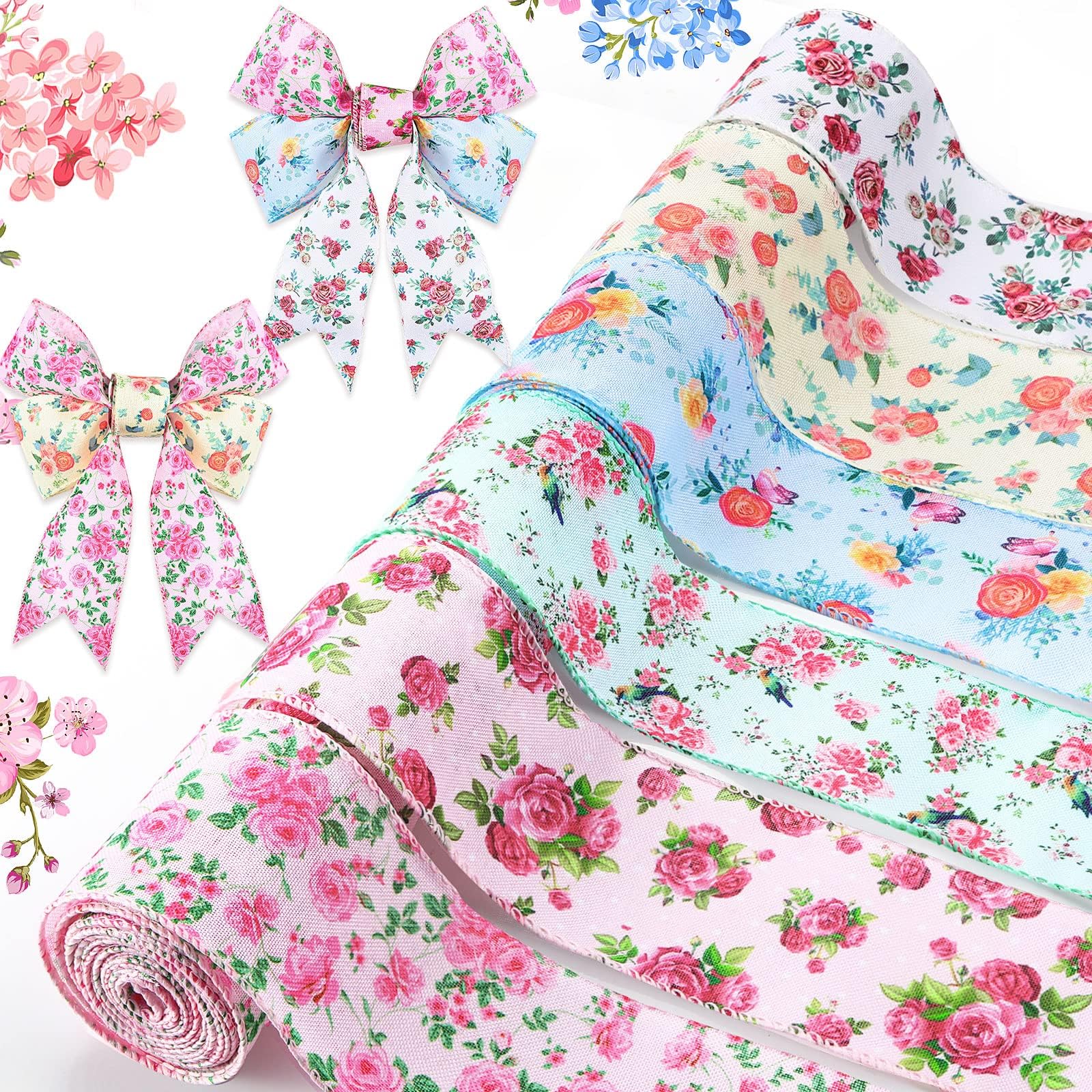 Amazon.com: Hying 2 Rolls Spring Flower Ribbons Wired for Wreath Bows ...