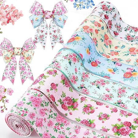 Amazon.com: Threetols 2 Rolls 10 Yards Floral Wired Edge Ribbon, 2 ...