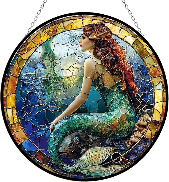Amazon.com : 365CUSGIFTS Mermaid Stained Glass Window Hanging Window ...