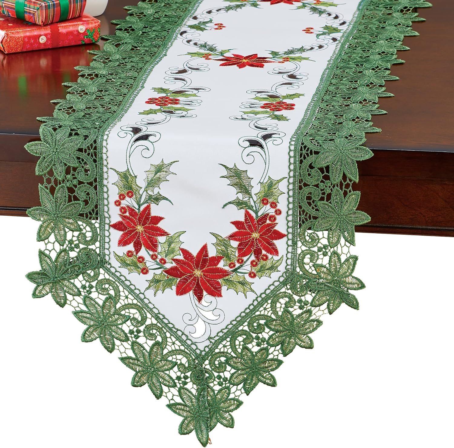 Amazon.com: Collections Etc Poinsettia & Green Lace Holiday Table ...