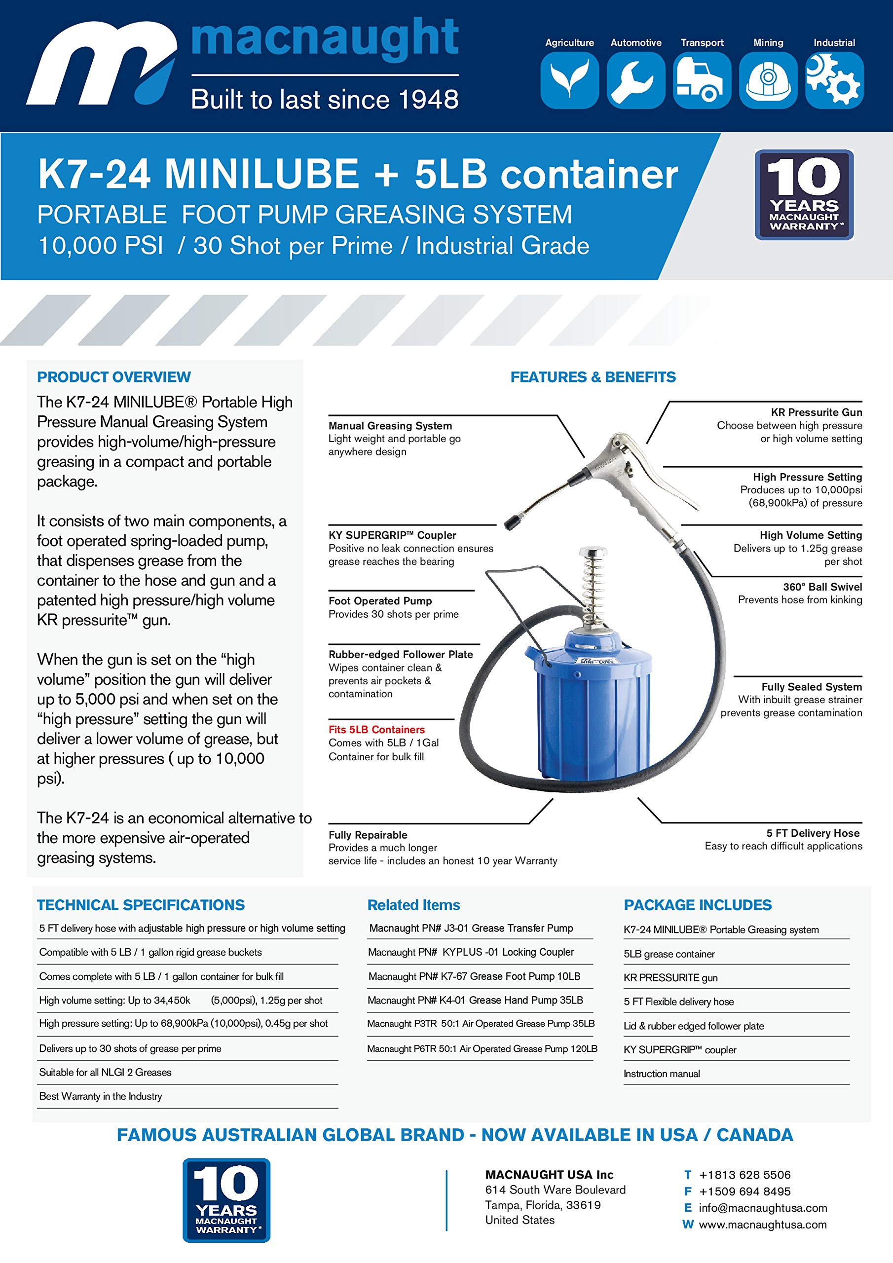 Macnaught MINILUBE K7-24 One Gallon Foot Grease Pump with 10 Year ...
