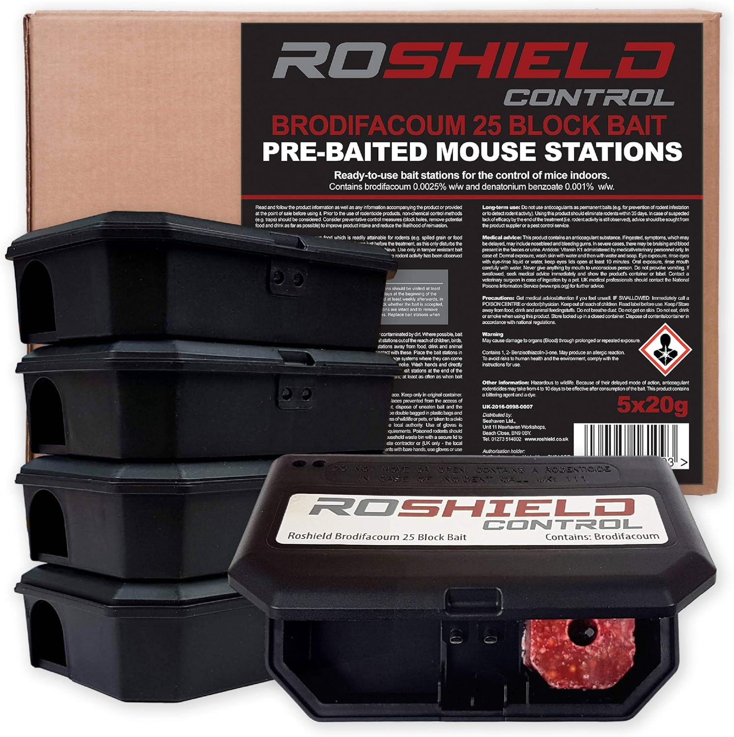 ROSHIELD - 5 PRE-BAITED Mouse Poisoning Bait Box Kit | Single Feed Mice ...