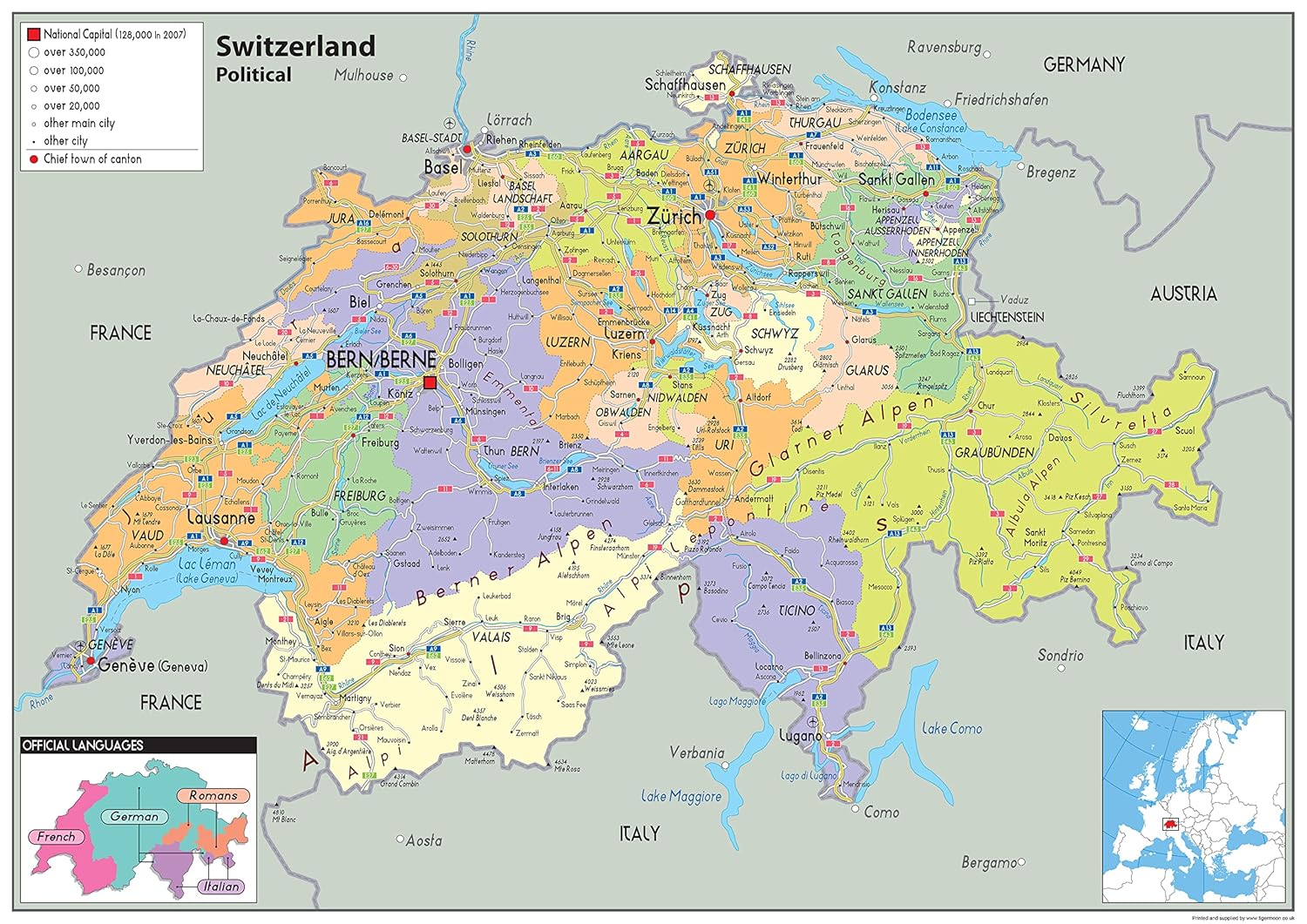 Political Map of Switzerland - Size A0-84.1 x 118.9cm - Paper Laminated ...