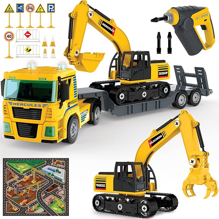 Buy Flatbed Truck w/ Excavator Tractor 188 Pc Take Apart, Playmat, Road ...
