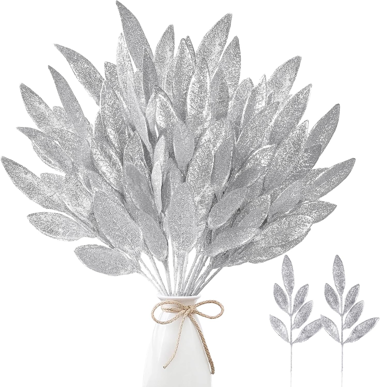 Amazon.com: Sggvecsy 40 Pieces Artificial Glitter Leaf Silver Glittered ...