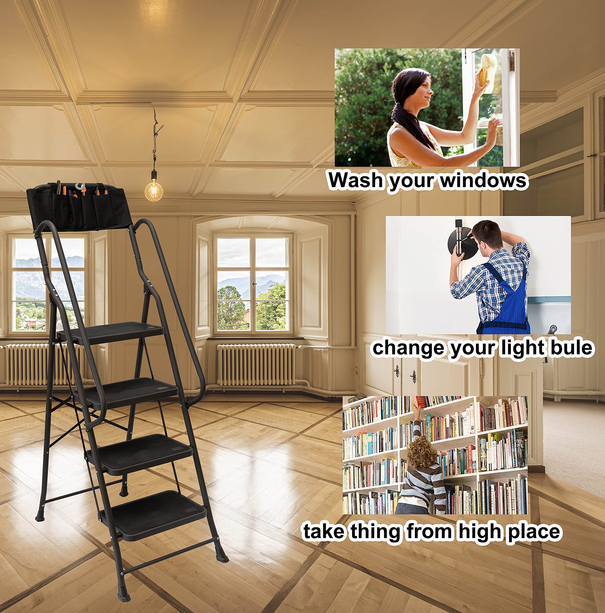 Buy FOOWIN Step Ladder, 4 Step Folding Ladder with Handrails, Portable ...