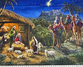 Amazon.com: Generic Cotton Fabric Panel Christmas Nativity Visit Scene ...