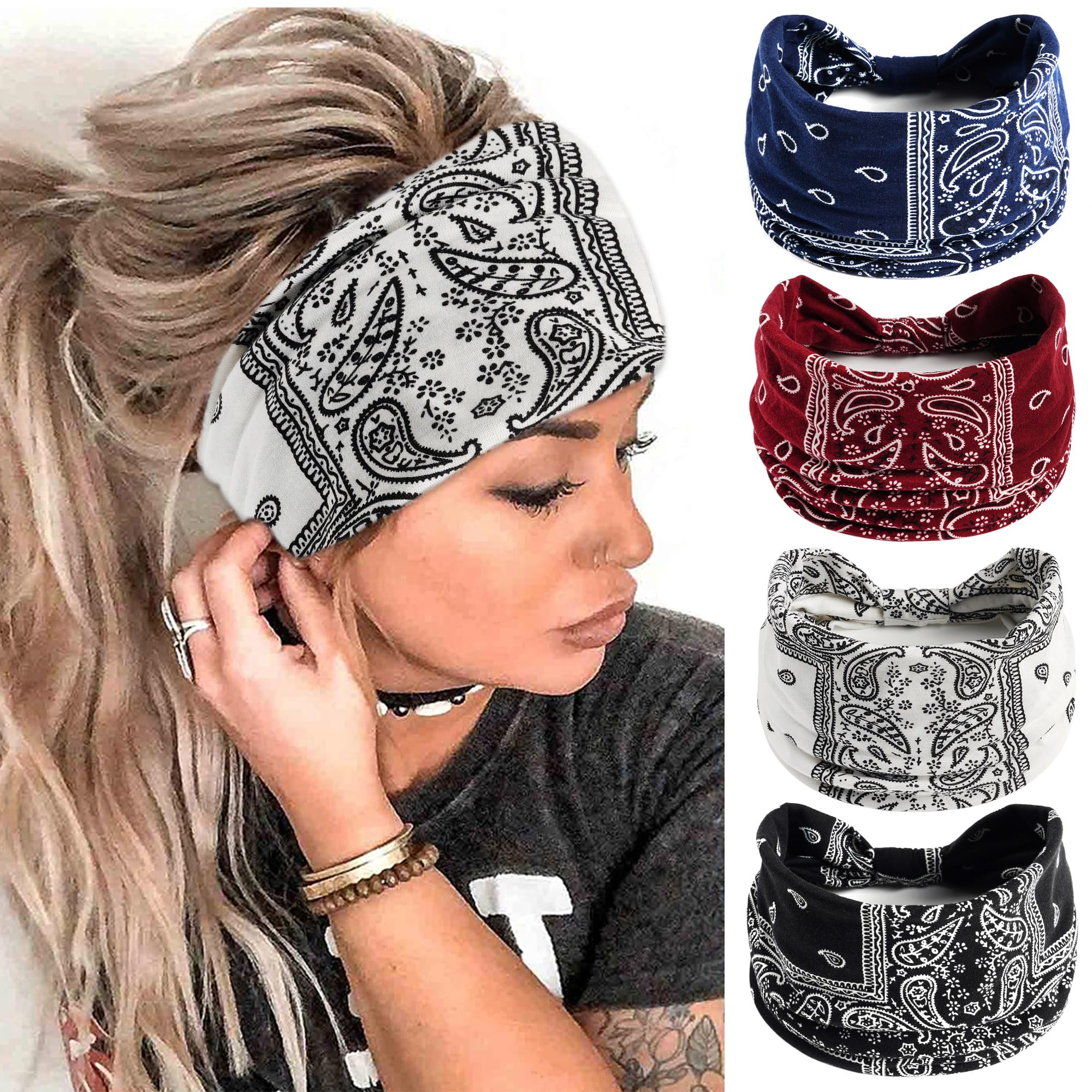 Amazon.com : FULZTEY Wide Boho Headbands for Women Paisley Red Bandana ...
