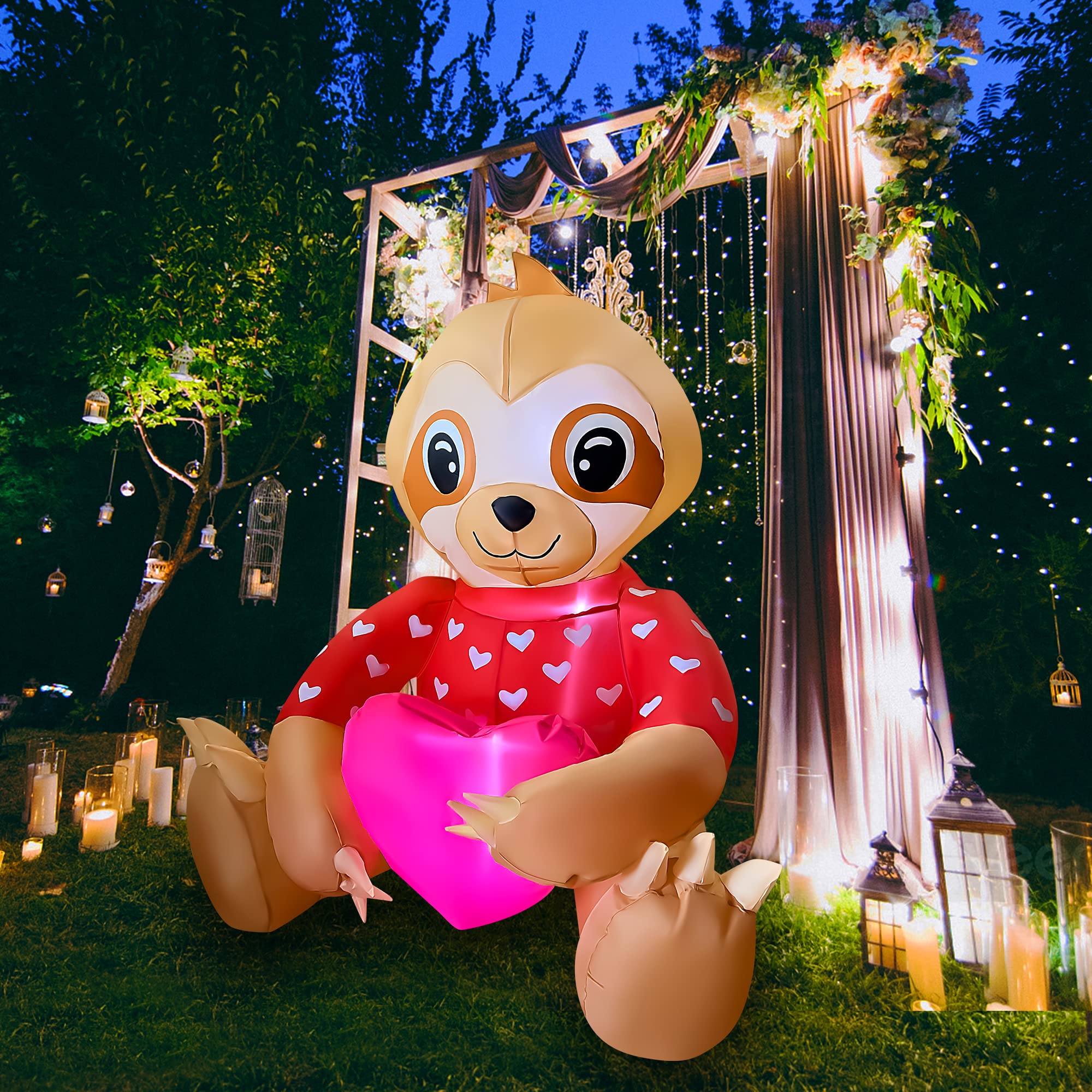JOYEASE 3.5 Ft Valentine's Day Inflatable Sloth with Heart Light Up Decoration Blow Up for ...
