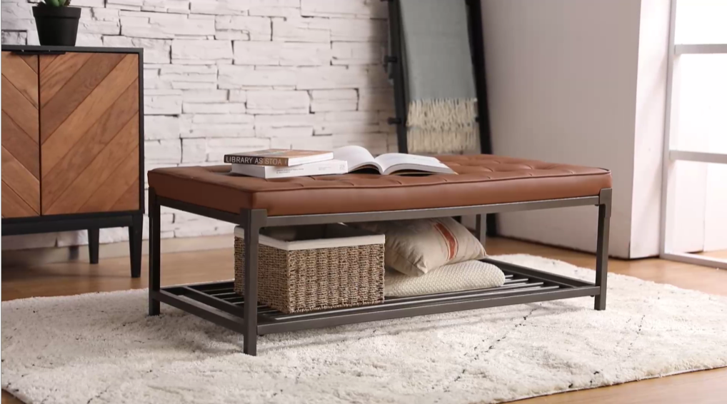 Large Tufted Rectangular Leather Coffee Tables Grey Faux Leather