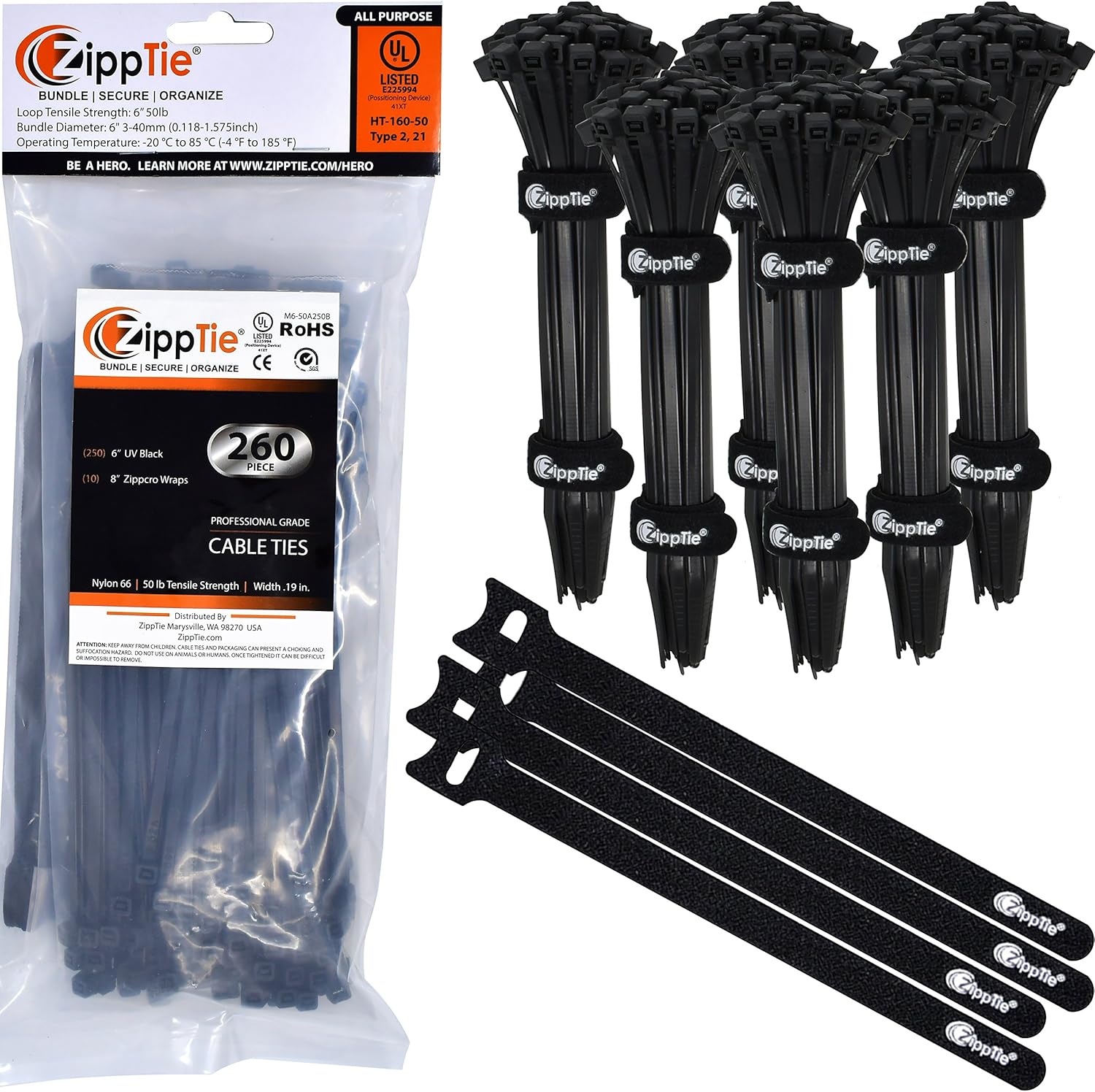 Amazon.com: Cable Ties by ZippTie | 260pc Cable Management Kit Heavy ...