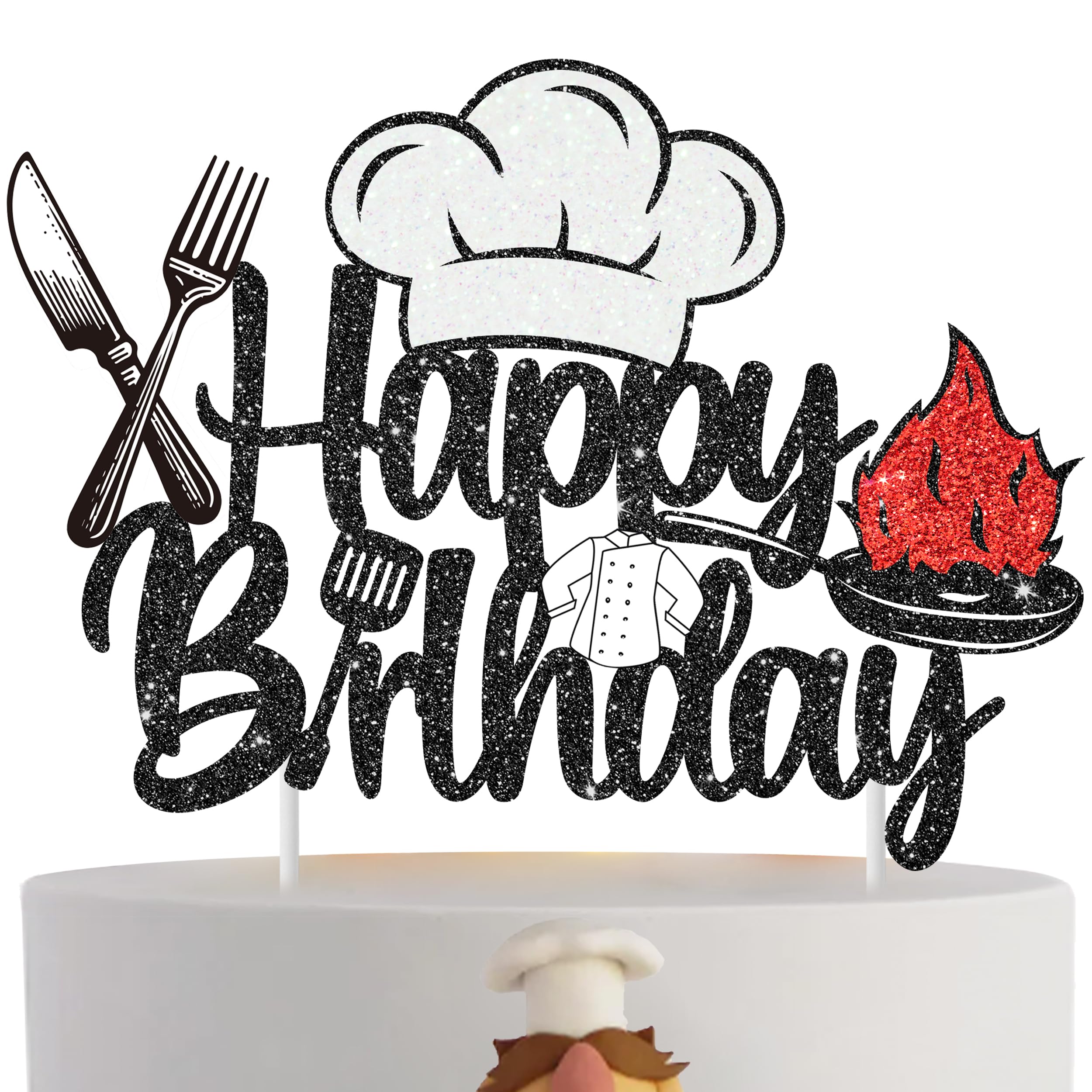 Amazon.com: Chef Birthday Cake Topper Glittery Black Cook Theme Happy ...