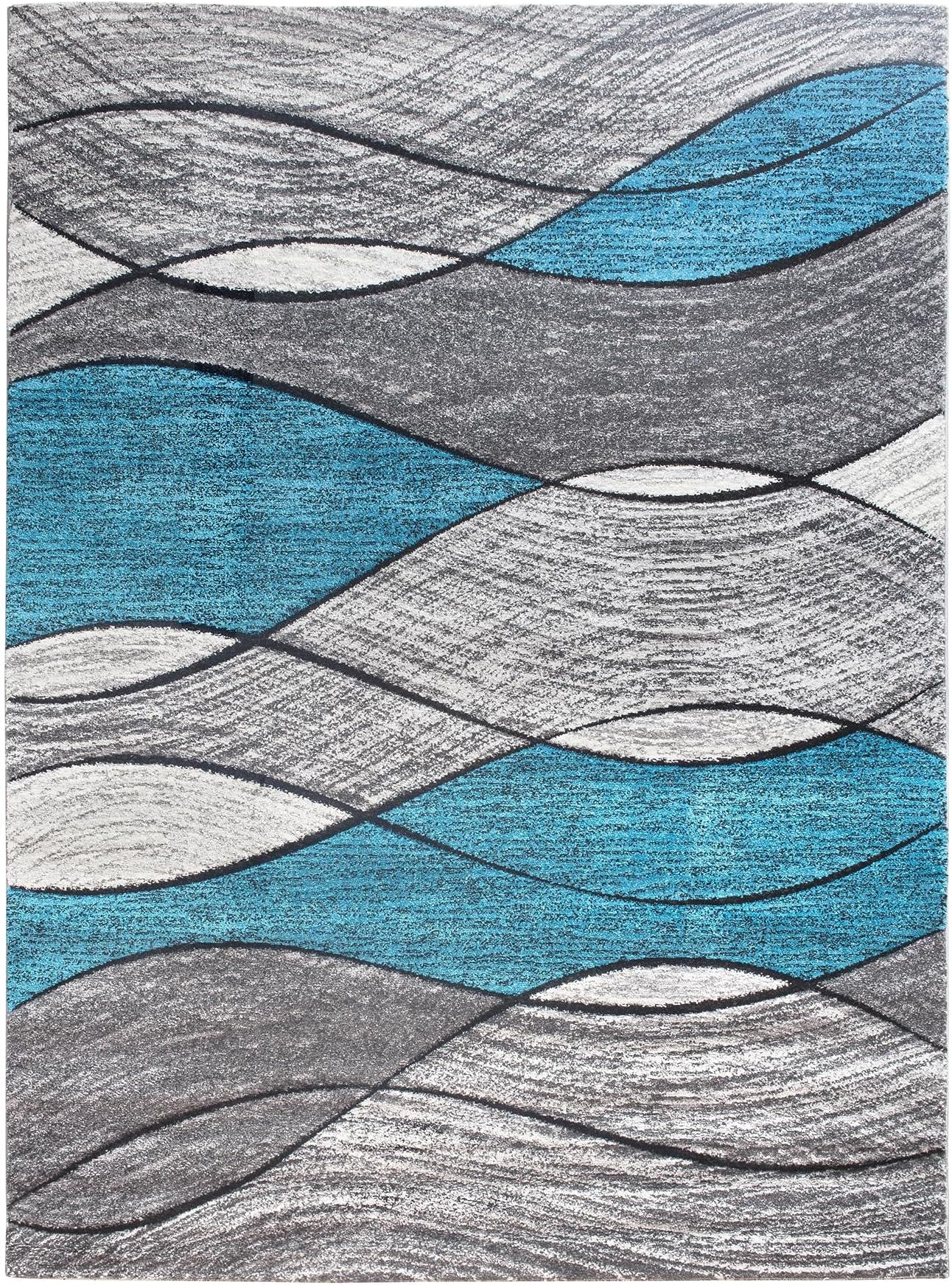Impulse Teal Grey Wave Thick Quality Modern Carved Rugs Runner Small ...
