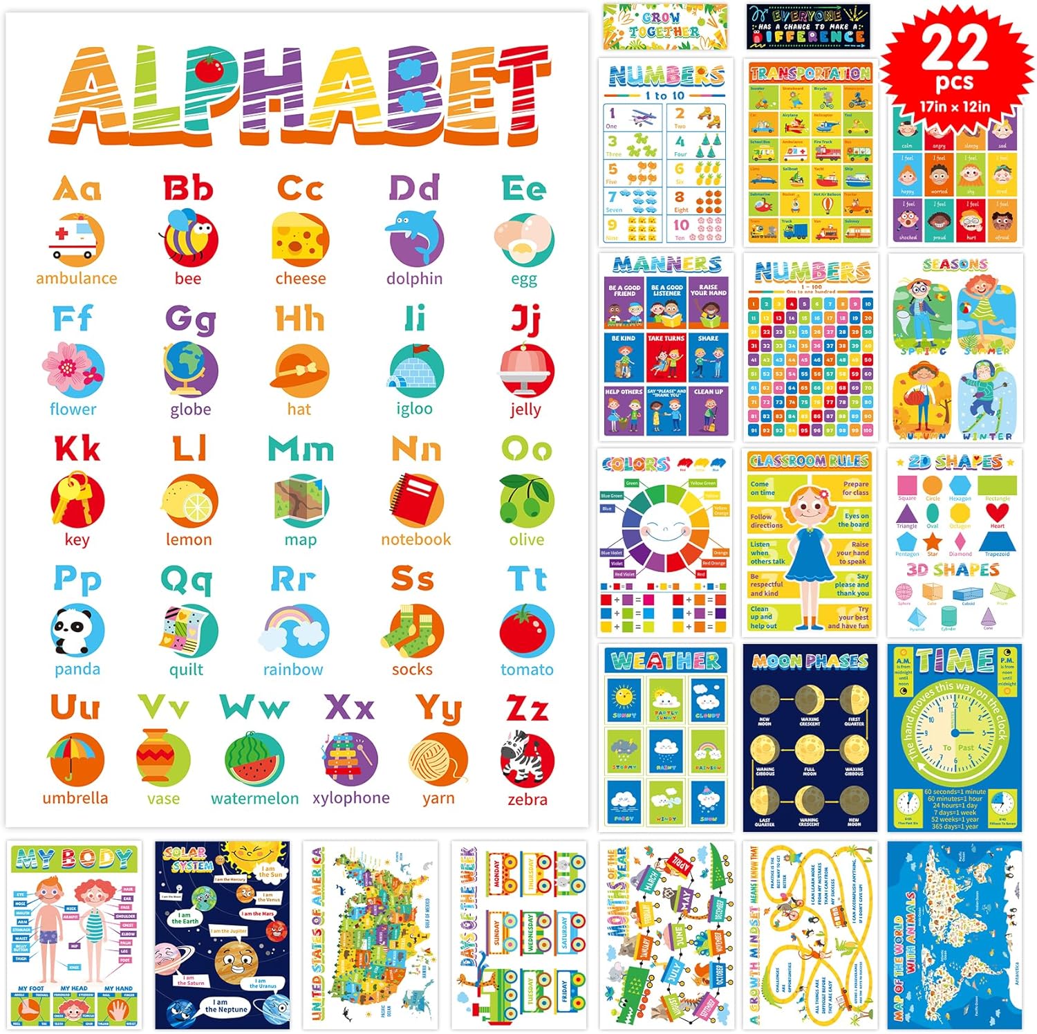 Amazon.com: 22 PCS Kids Educational Posters For Toddlers, Homeschool ...