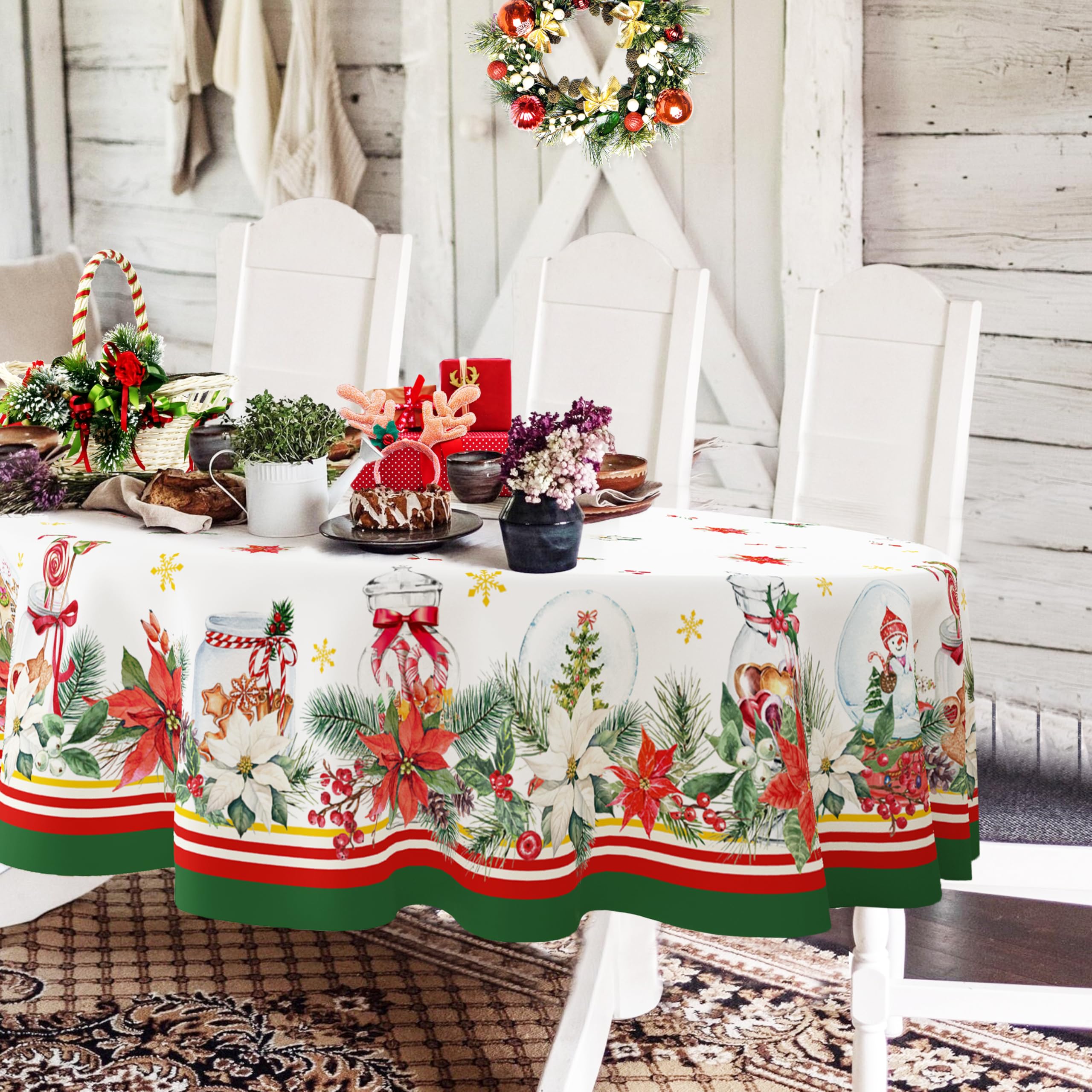 Oval Christmas Tablecloth 60 x 84In,Christmas Poinsettia Snowflake ...