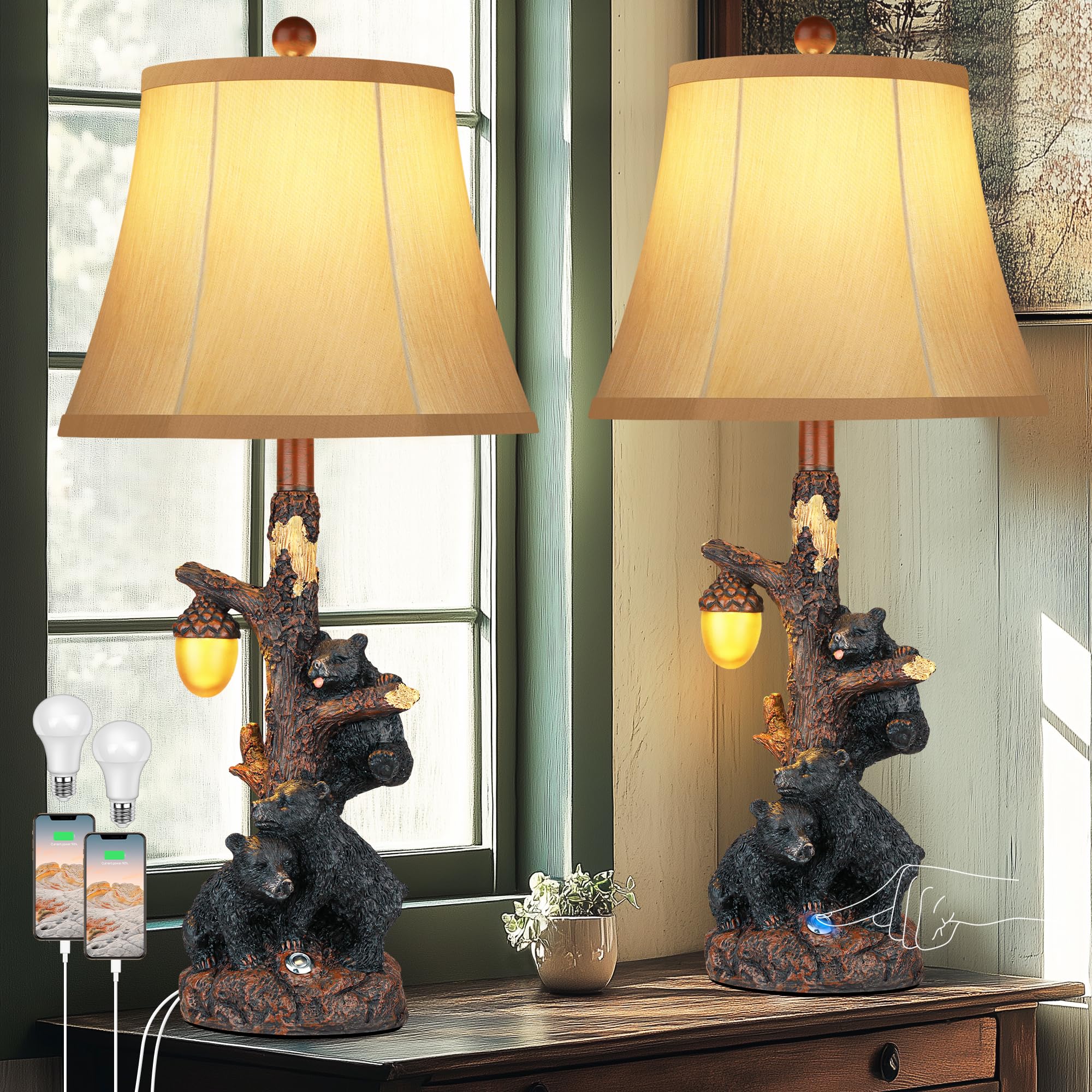 Set of 2 Bear Bedside Table Lamps for Bedroom with Nightlight & USB A+C ...