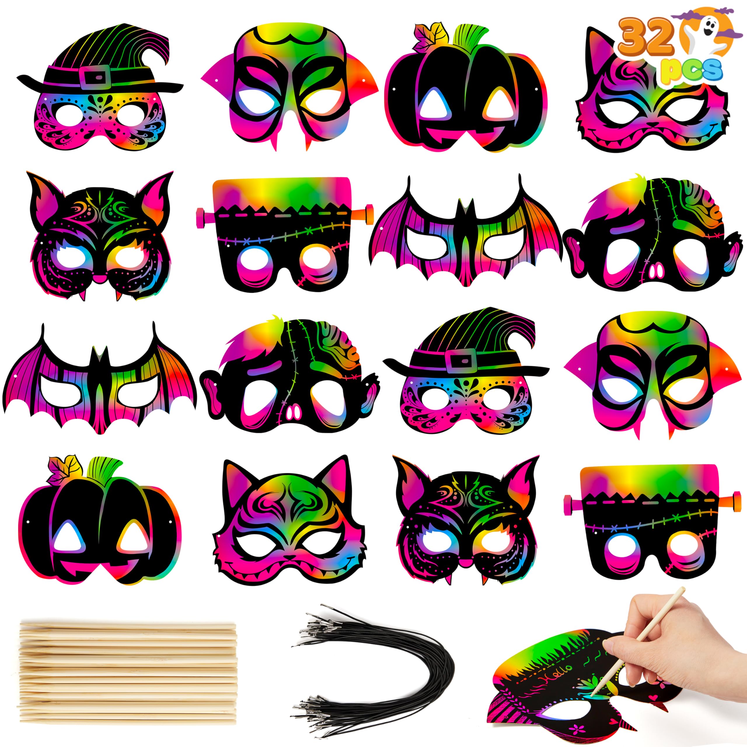 Amazon.com: JOYIN 32 Pcs Halloween Rainbow Scratch Masks Crafts for ...